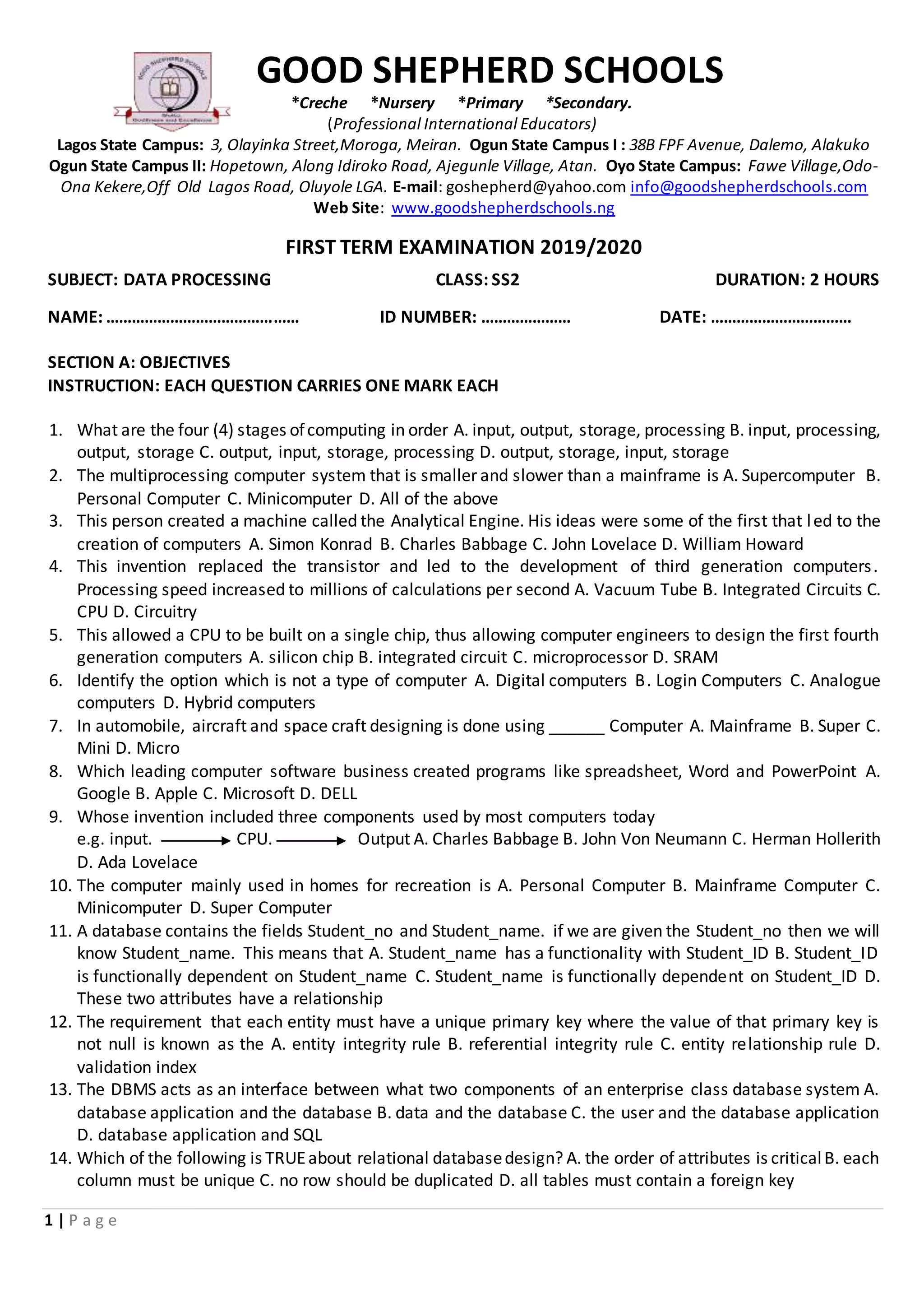 SS2 DATA PROCESSING EXAMINATION (FIRST TERM) | DOCX