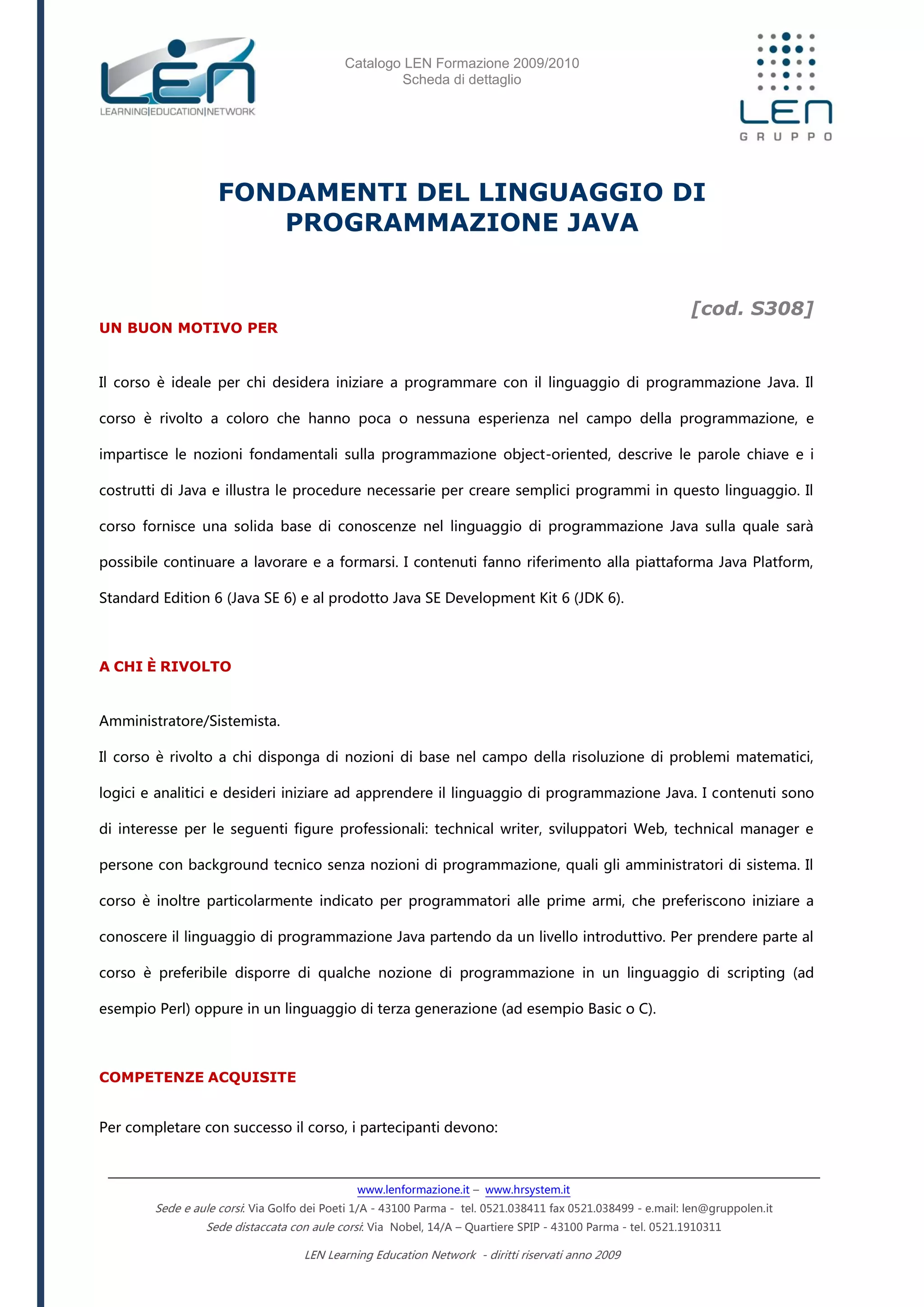 Fondamenti del linguaggio di programmazione java - Scheda corso LEN | PDF