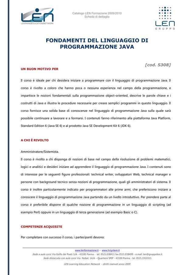 Fondamenti del linguaggio di programmazione java - Scheda corso LEN | PDF