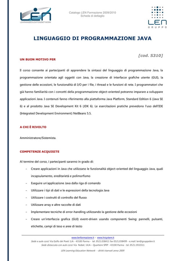 Linguaggio di programmazione java - Scheda corso LEN | PDF