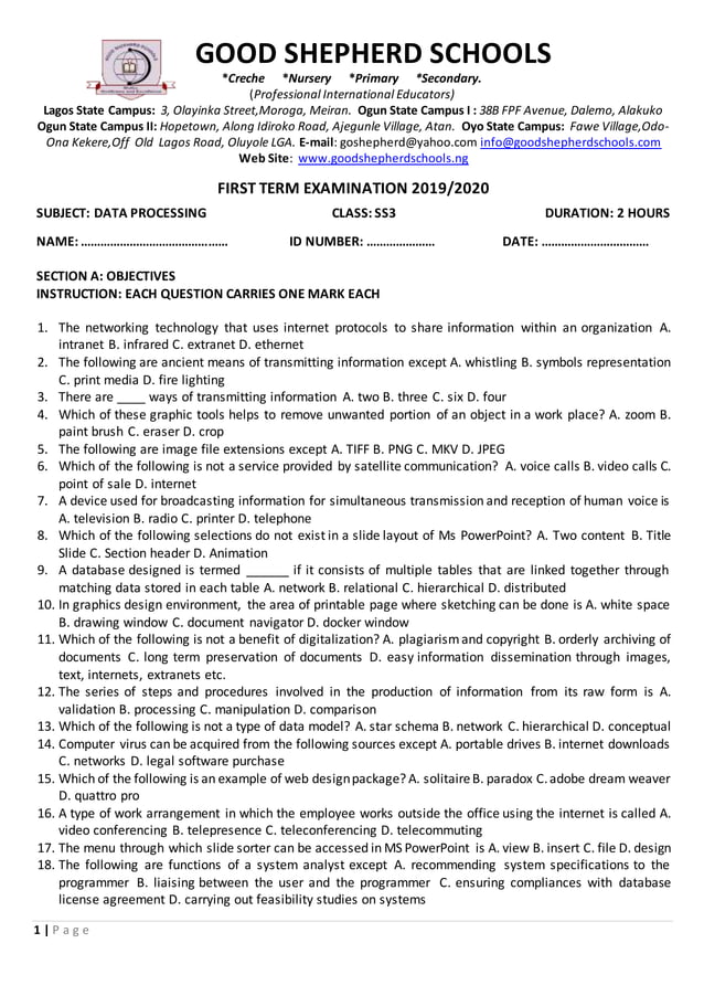 SS3 DATA PROCESSING EXAMINATION (FIRST TERM) | DOCX