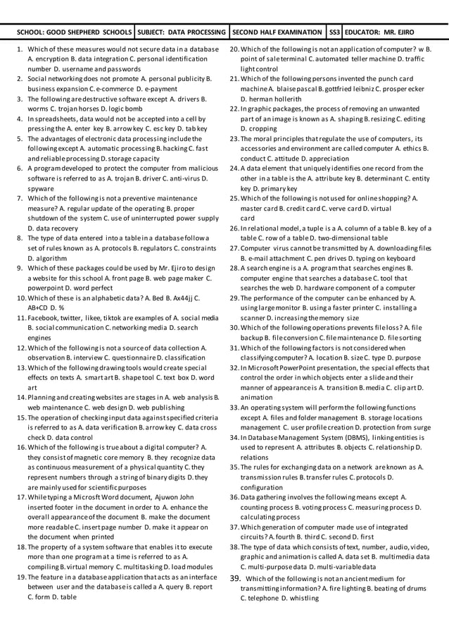 S3 DATA PROCESSING FIRST TERM PRE-WAEC (2ND HALF EXAMINATION) | PDF