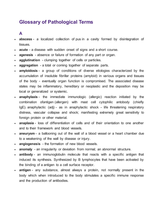 Terms Glossary of Pathological Terms