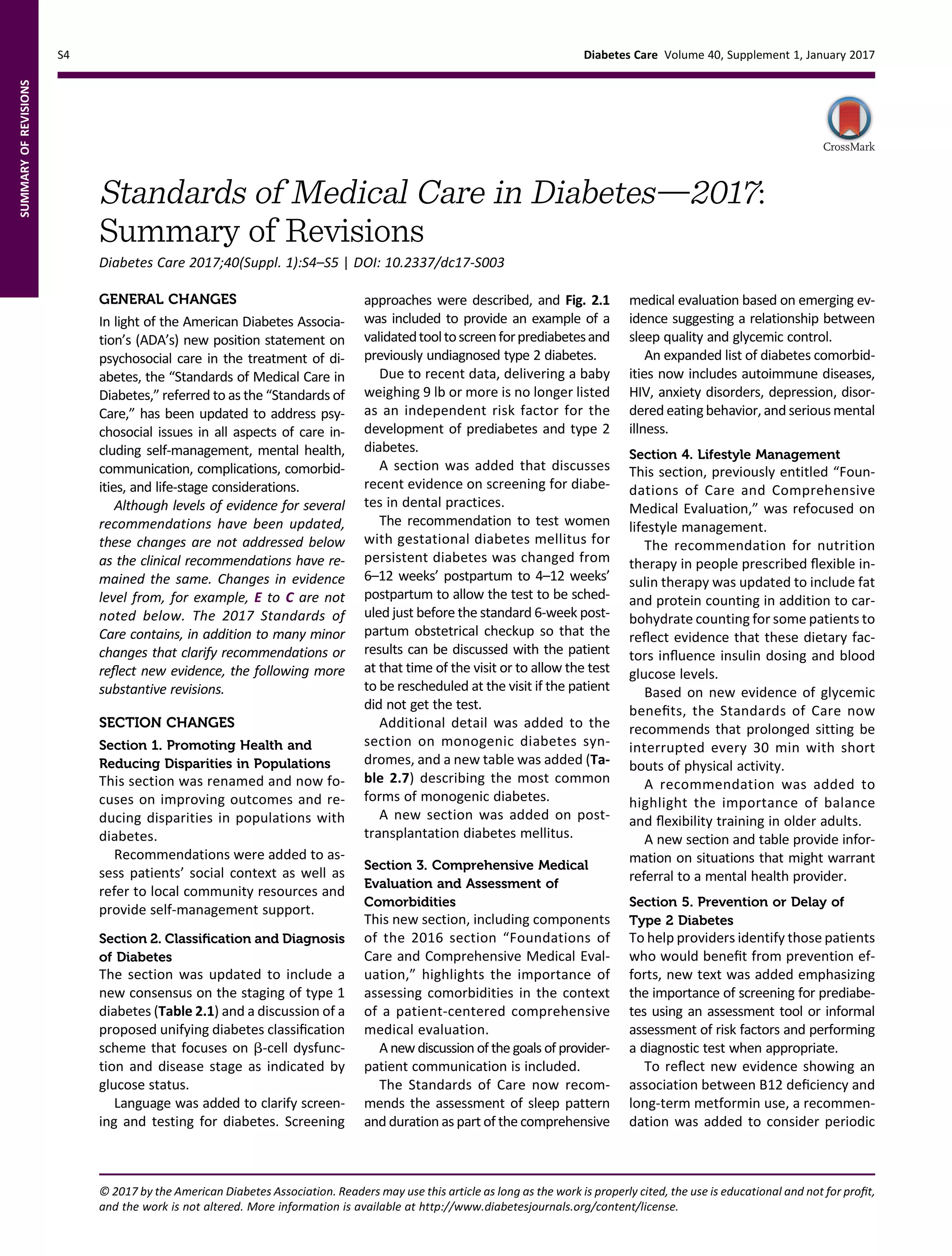 Standards of Medical Care in Diabetes—2017: Summary of Revisions | PDF