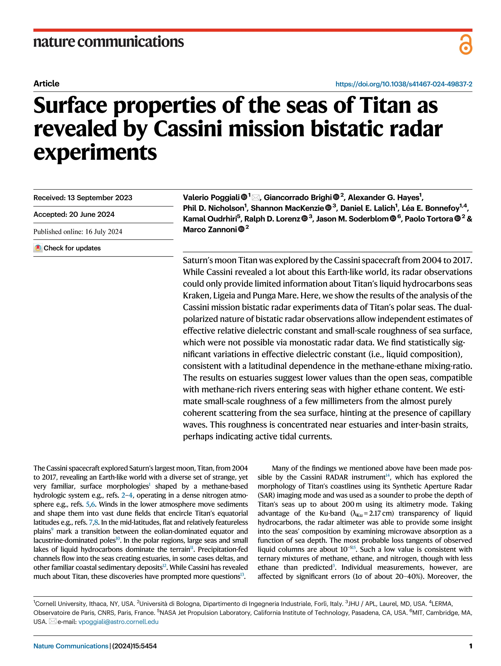 Surface properties of the seas of Titan as revealed by Cassini mission bistatic radar ...