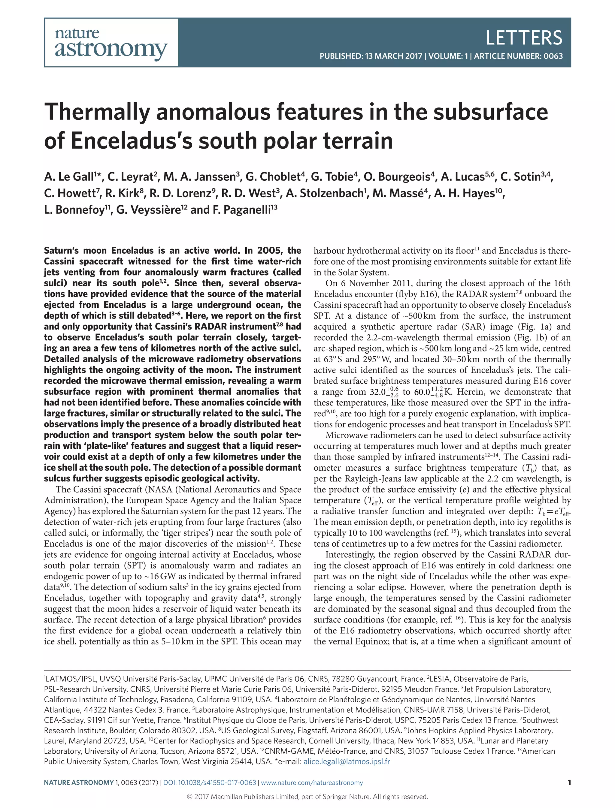 Thermally Anomalous Features In The Subsurface Of Enceladuss South Polar Terrain Pdf