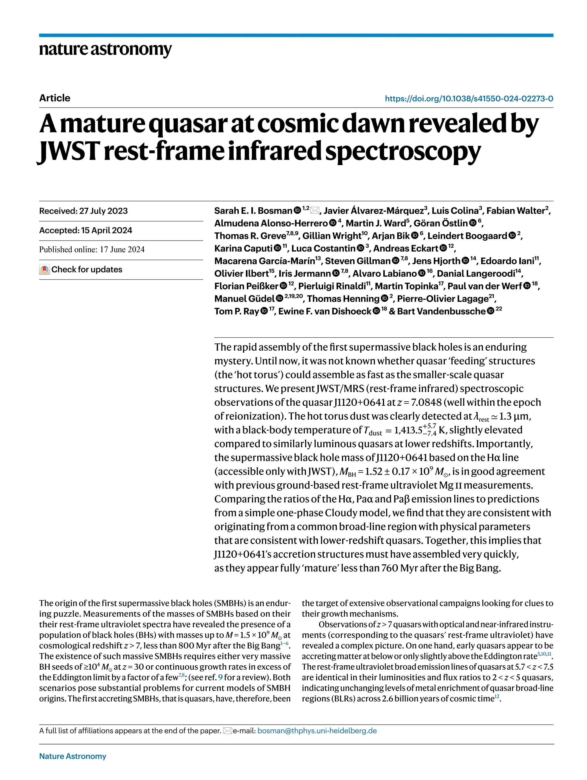 A mature quasar at cosmic dawn revealed by JWST rest-frame infrared ...