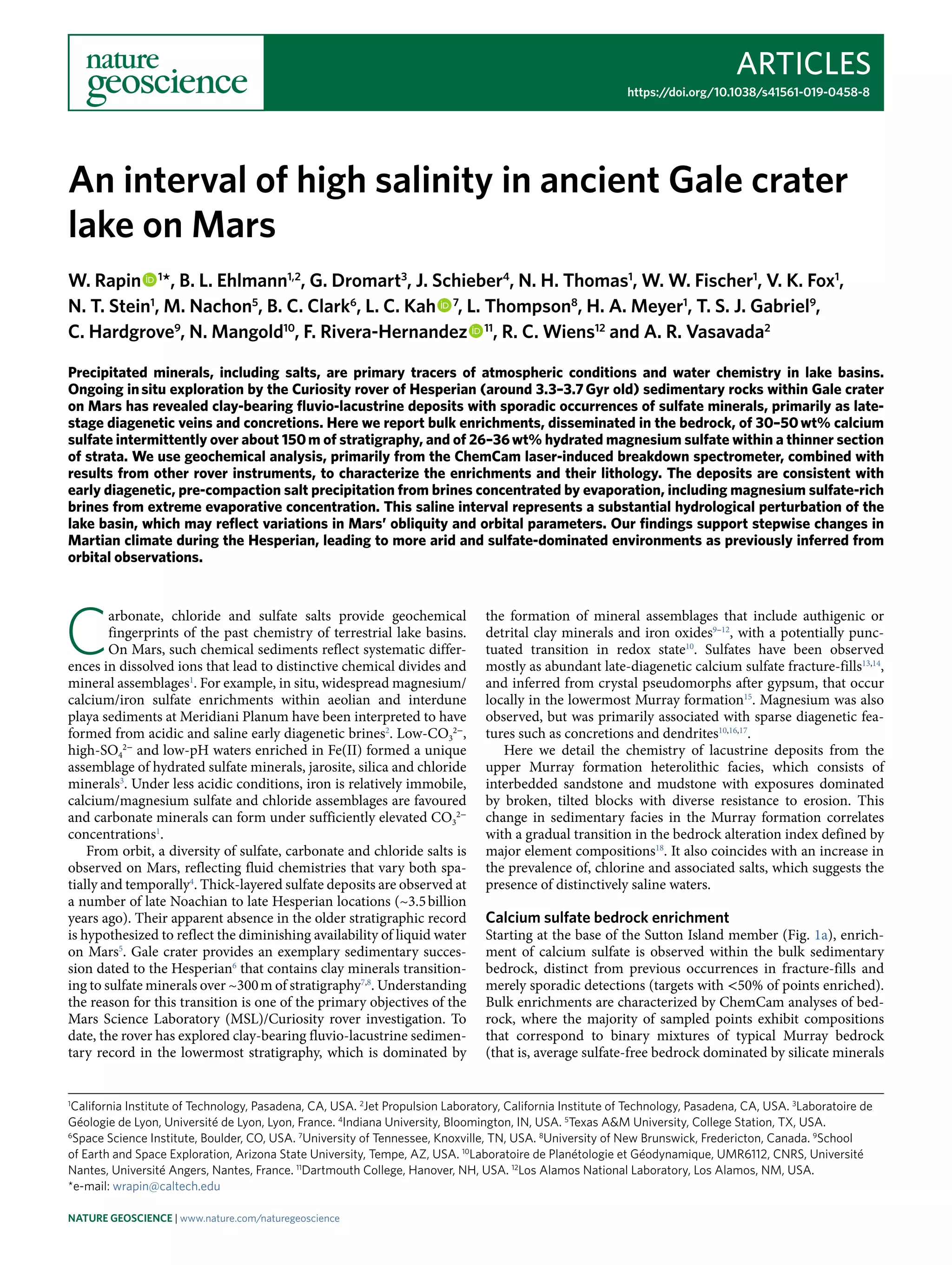An interval of high salinity in ancient Gale crater lake on Mars | PDF