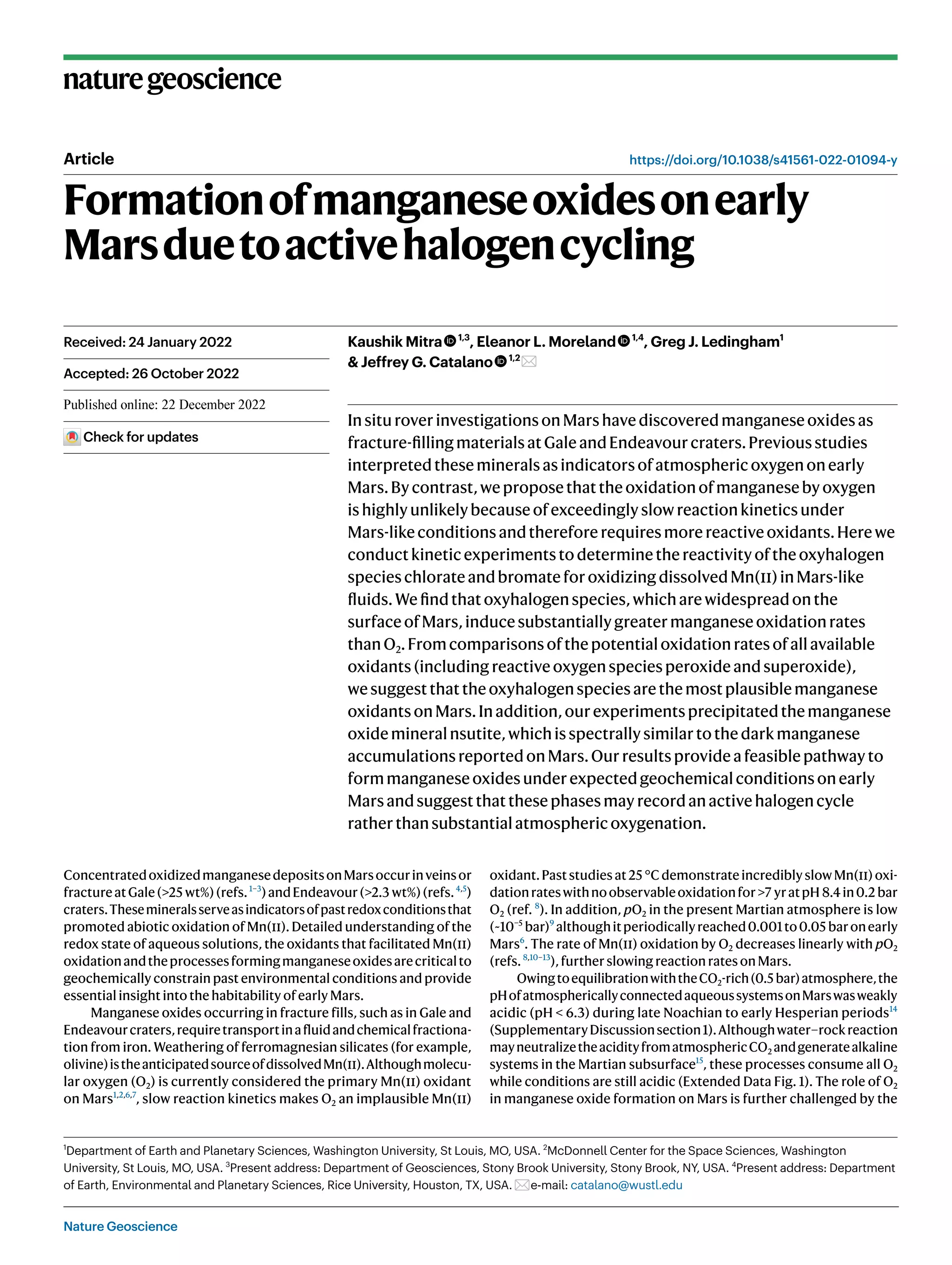 Formation of manganese oxides on early Mars due to active halogen ...