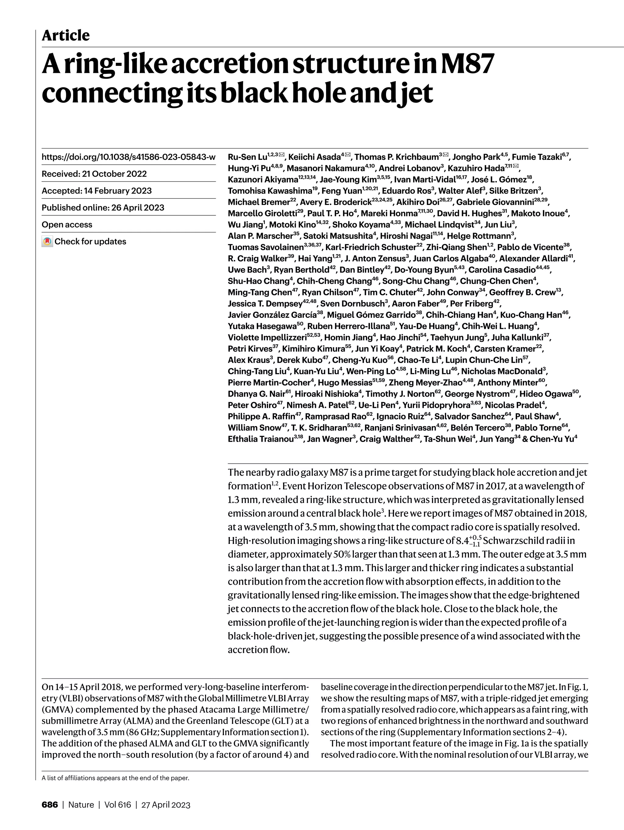 A ring-like accretion structure in M87 connecting its black hole and ...