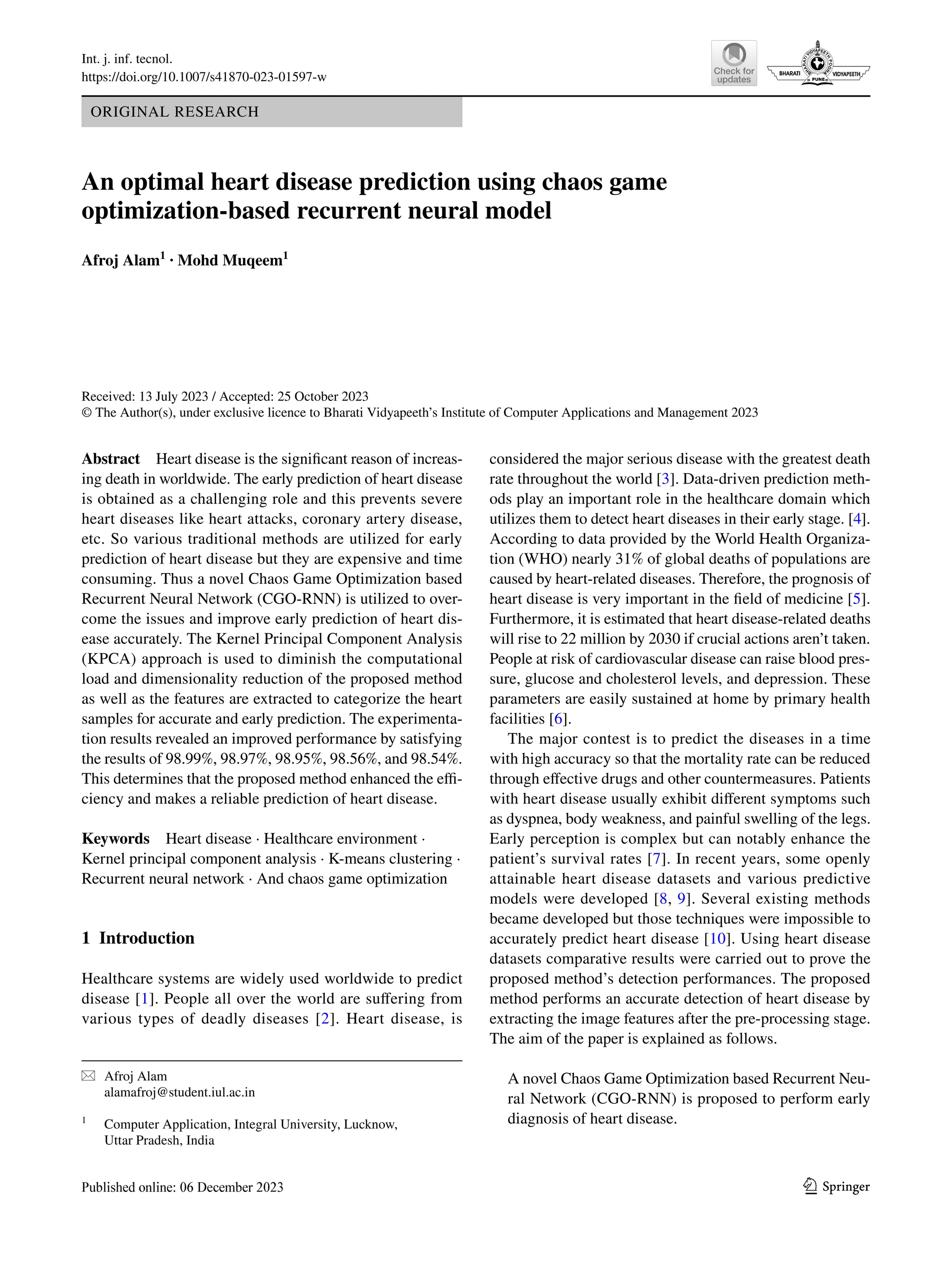 An optimal heart disease prediction using chaos game optimization‑based recurrent neural model ...