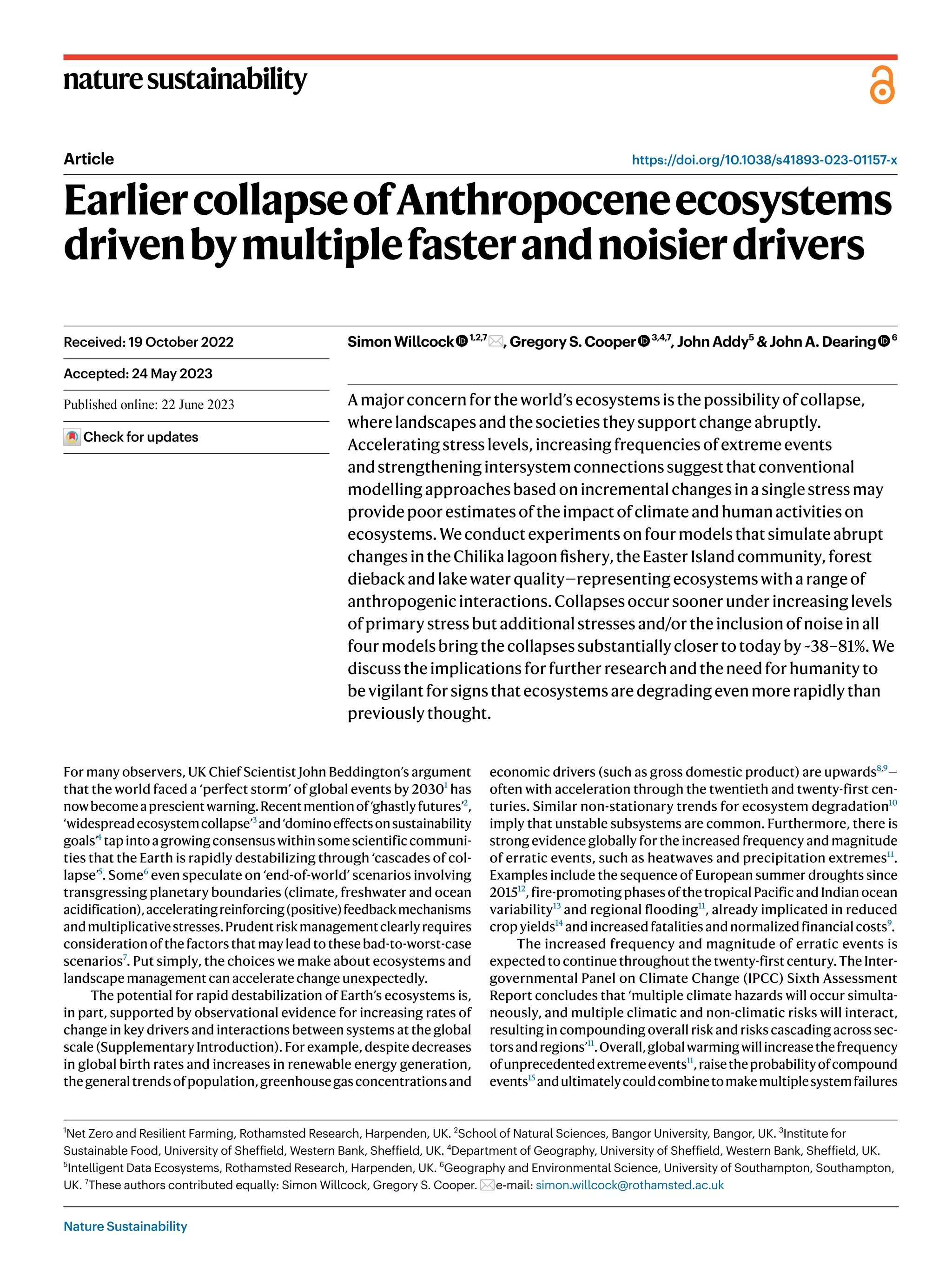 Earlier collapse of Anthropocene ecosystems driven by multiple faster ...