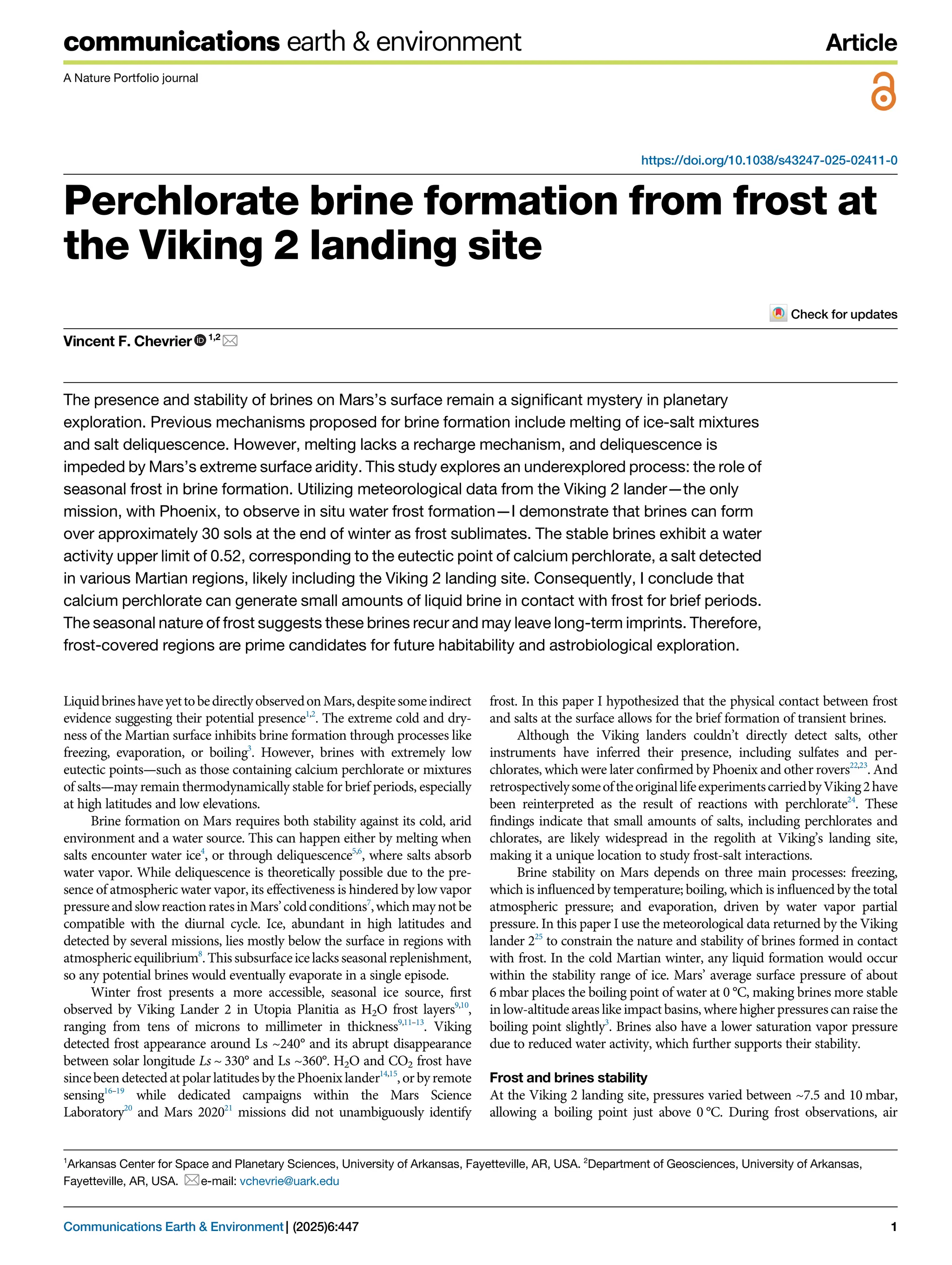 Perchlorate brine formation from frost at the Viking 2 landing site | PDF