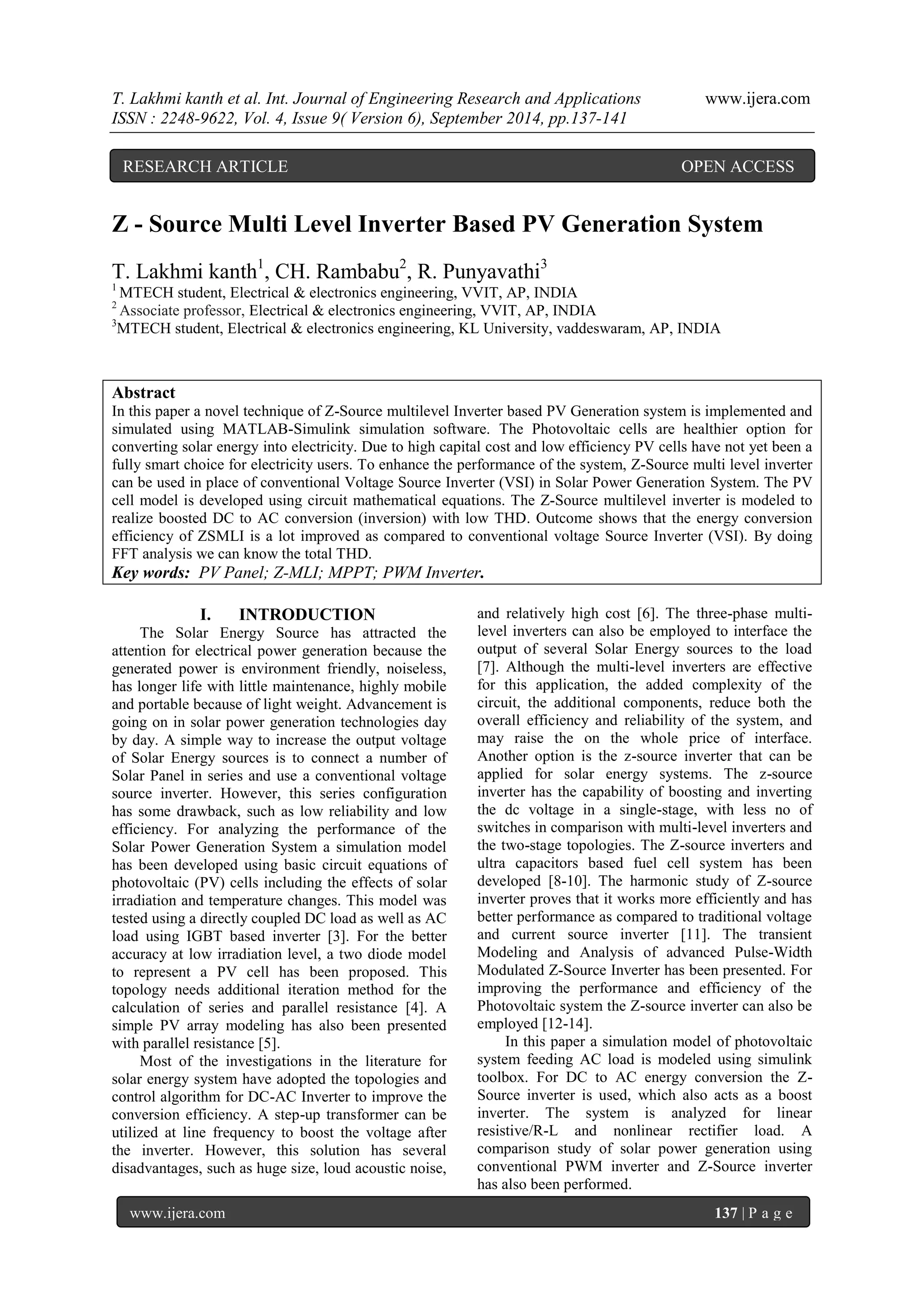 Z - Source Multi Level Inverter Based PV Generation System | PDF