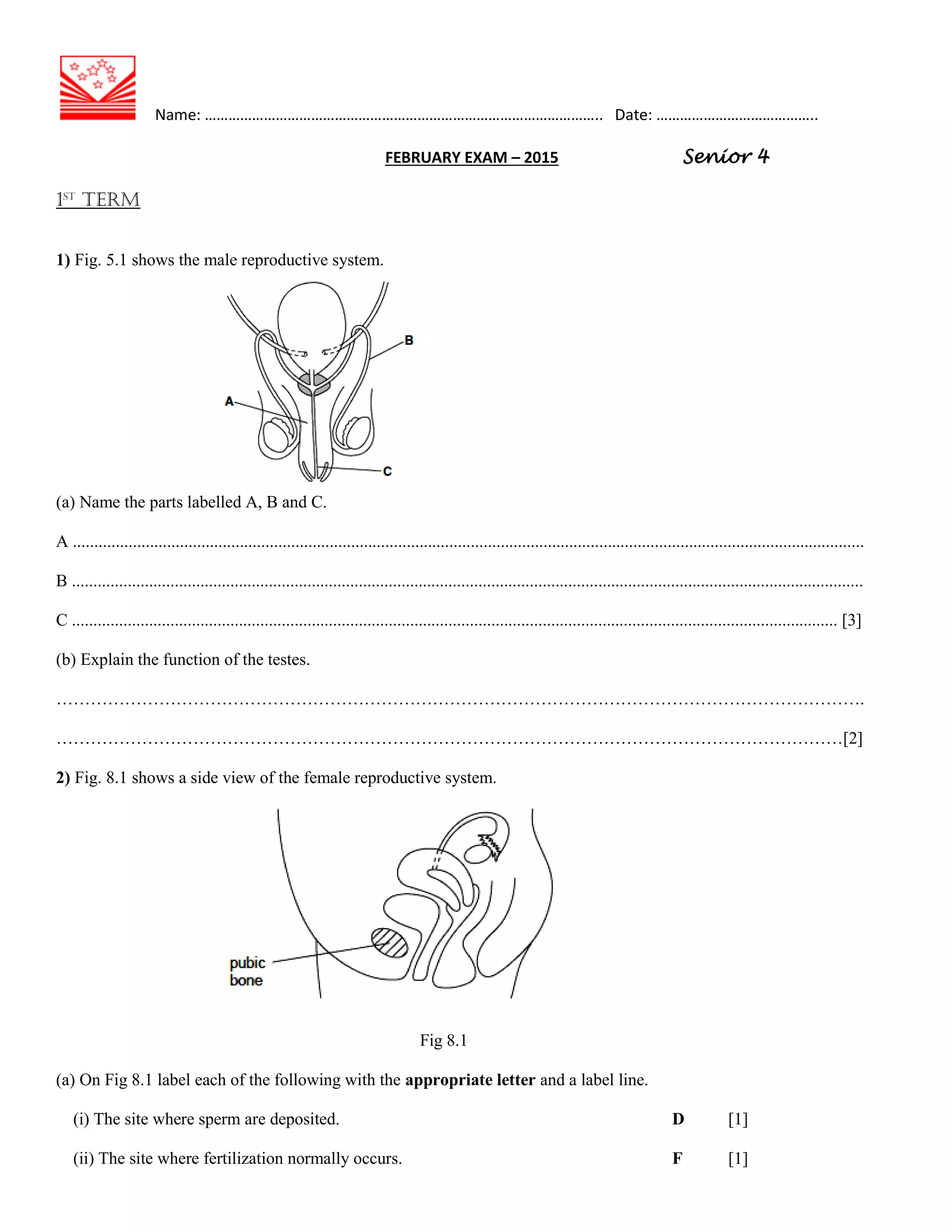 S4 biology, feb. exam 1st term, 2015 | PDF