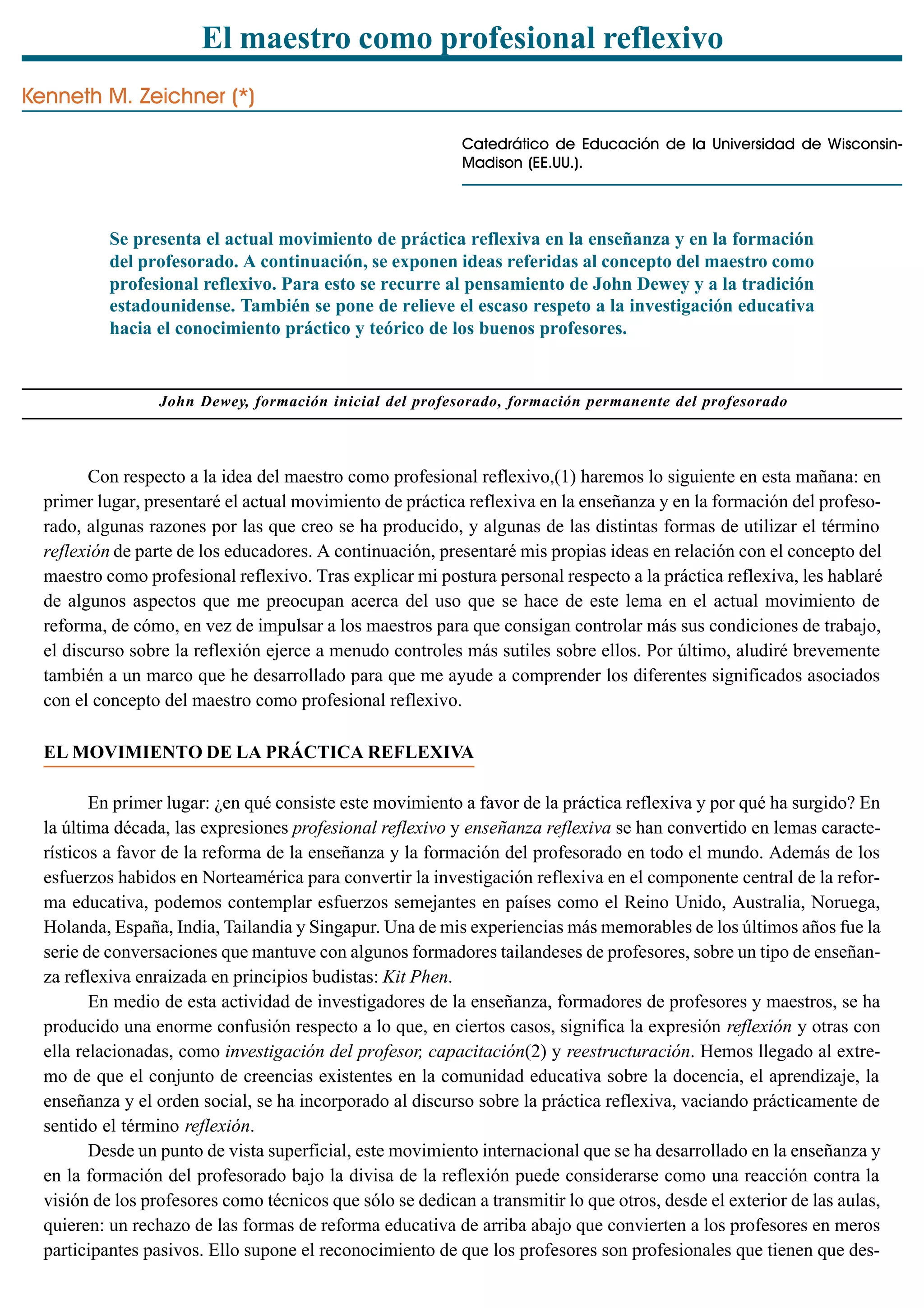 El maestro como profesional reflexivo de kenneth m. zeichner. | PDF