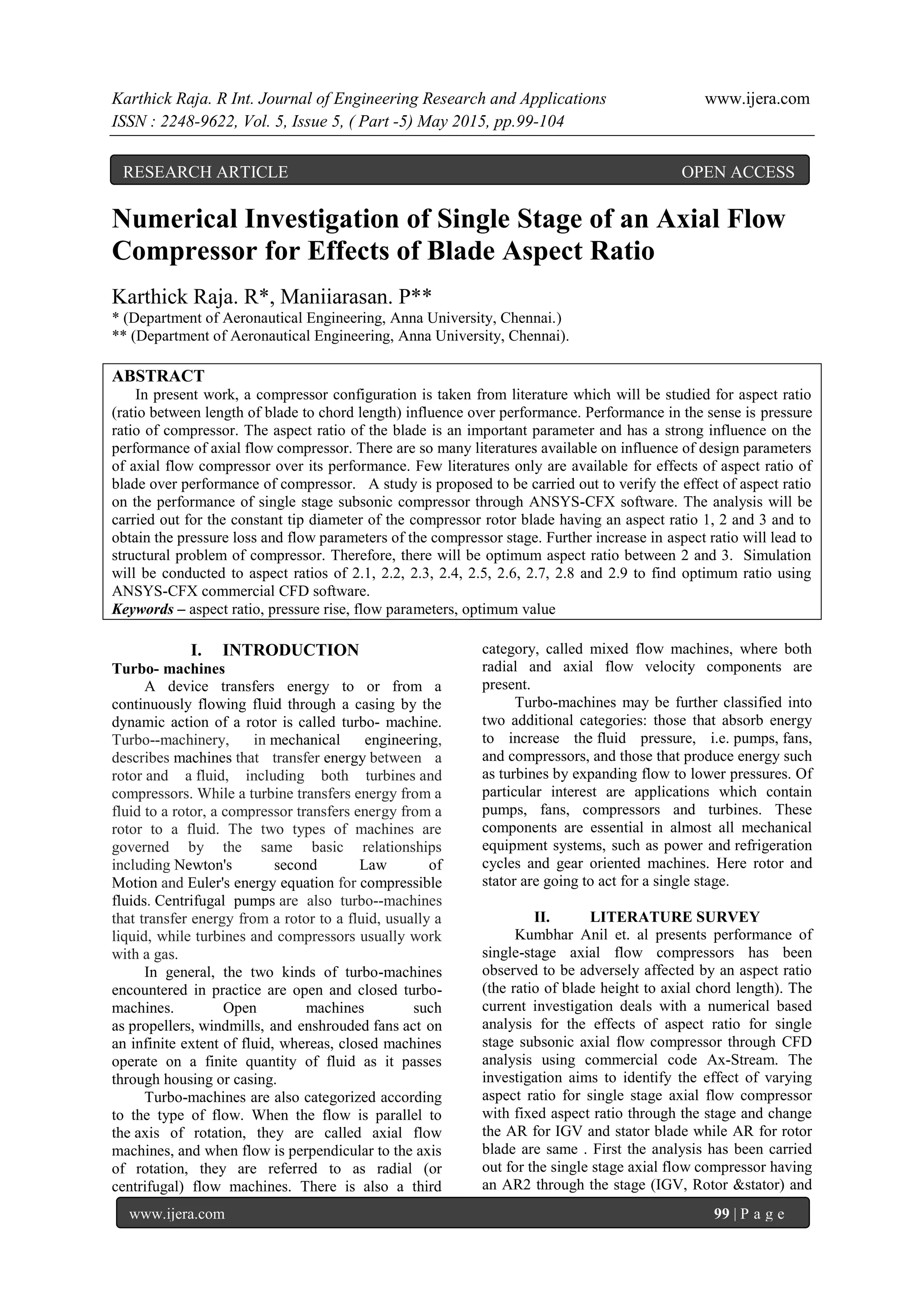 Numerical Investigation of Single Stage of an Axial Flow Compressor for Effects of Blade Aspect ...