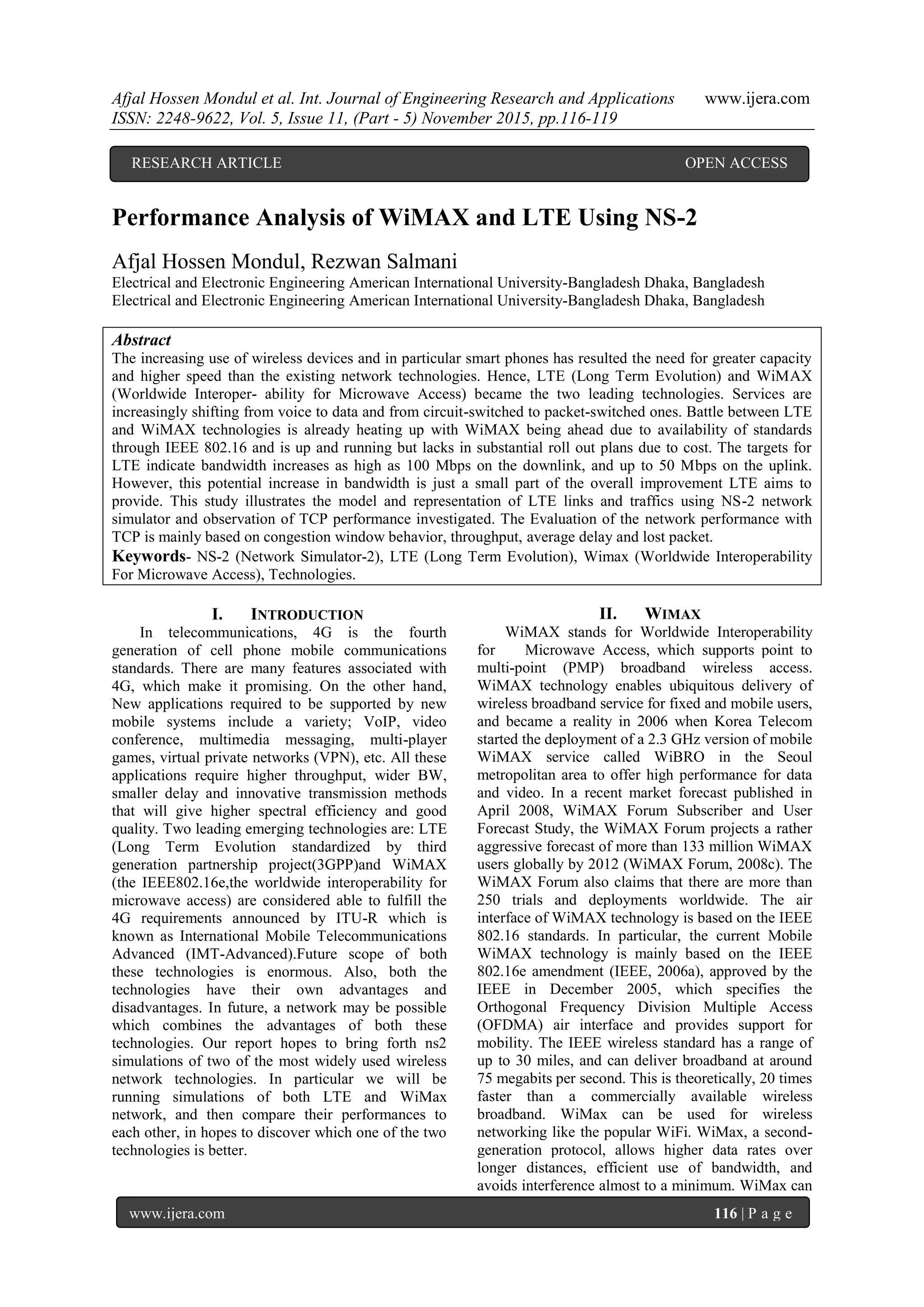Performance Analysis of WiMAX and LTE Using NS-2 | PDF