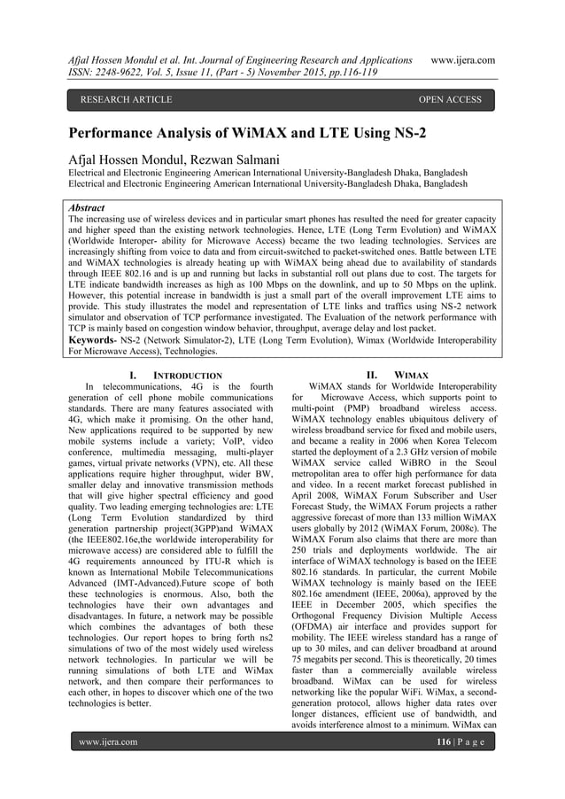 Performance Analysis of WiMAX and LTE Using NS-2 | PDF
