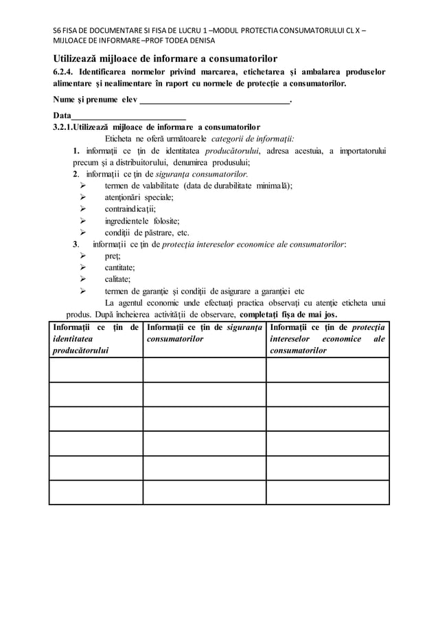 S6 fisa de documentare si fisa de lucru 1 protectia consumatorului | DOCX