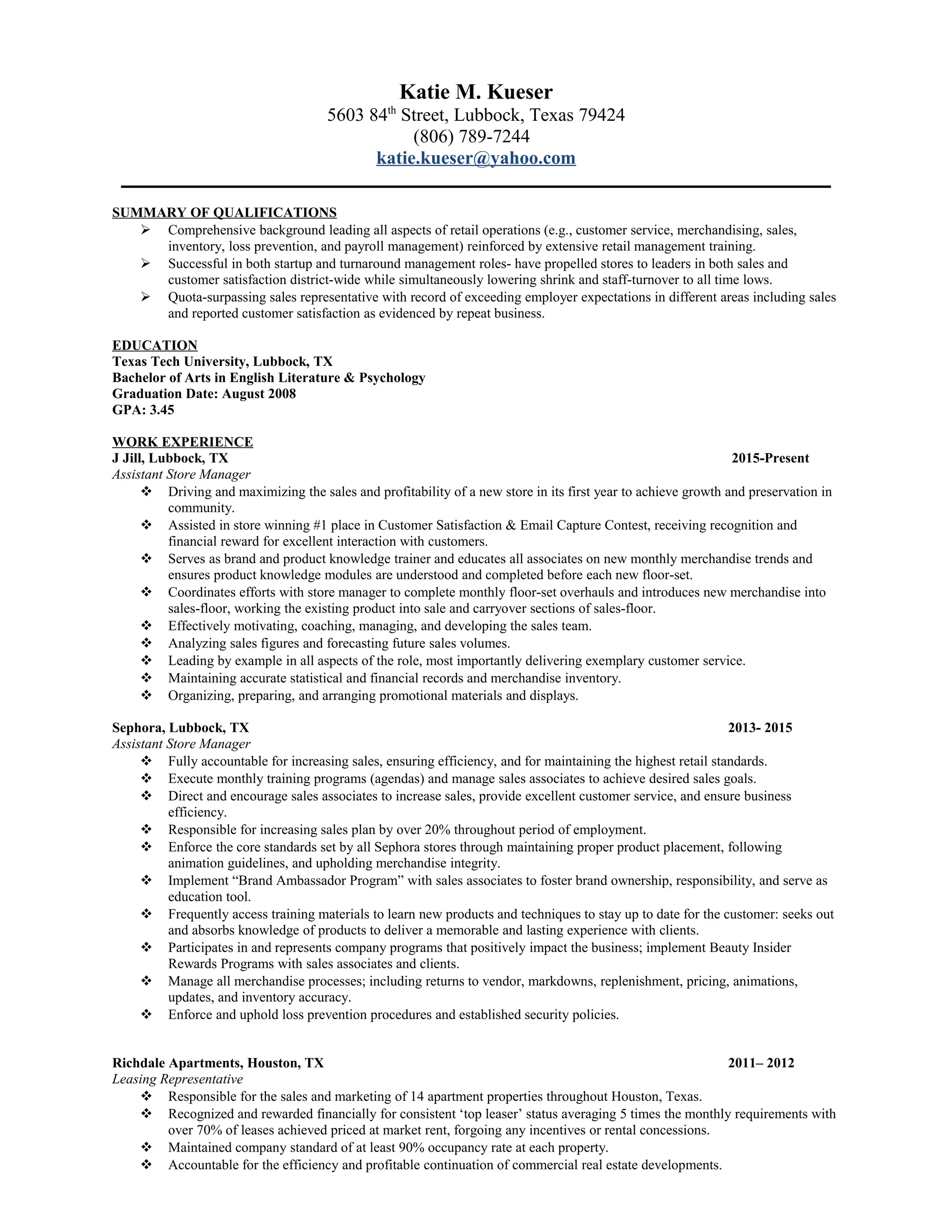 Katie2016resume | DOC | Retail Industry | Industries