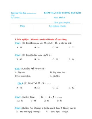 Đề Số 7. Đề kiểm tra cuối học kỳ II môn Toán lớp 1 | PDF
