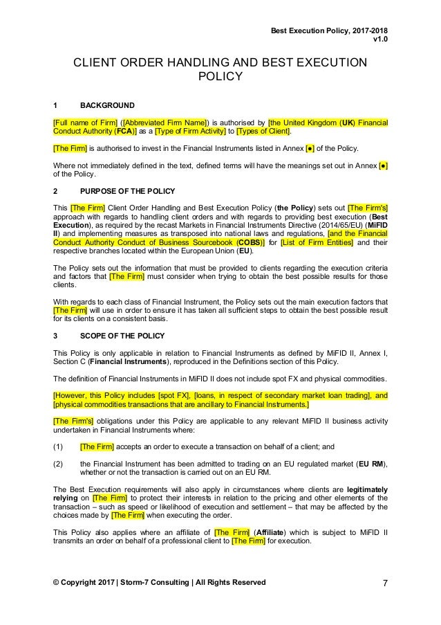Pro Forma Mifid Ii Client Order Handling And Best Execution Policy