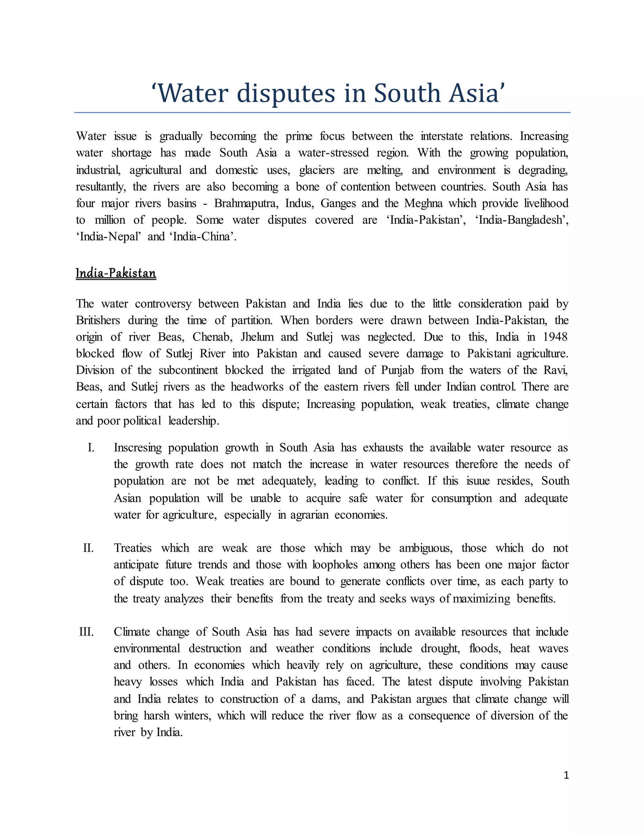 Water Disputes in South Asia. | DOCX