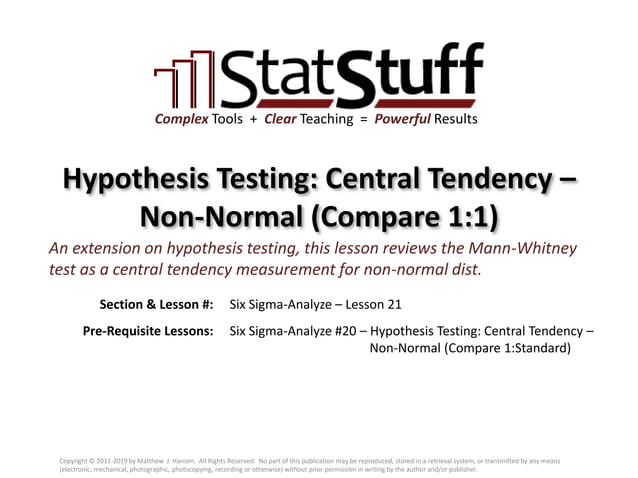 Hypothesis Testing: Central Tendency – Non-Normal (Compare 1:1) | PPT
