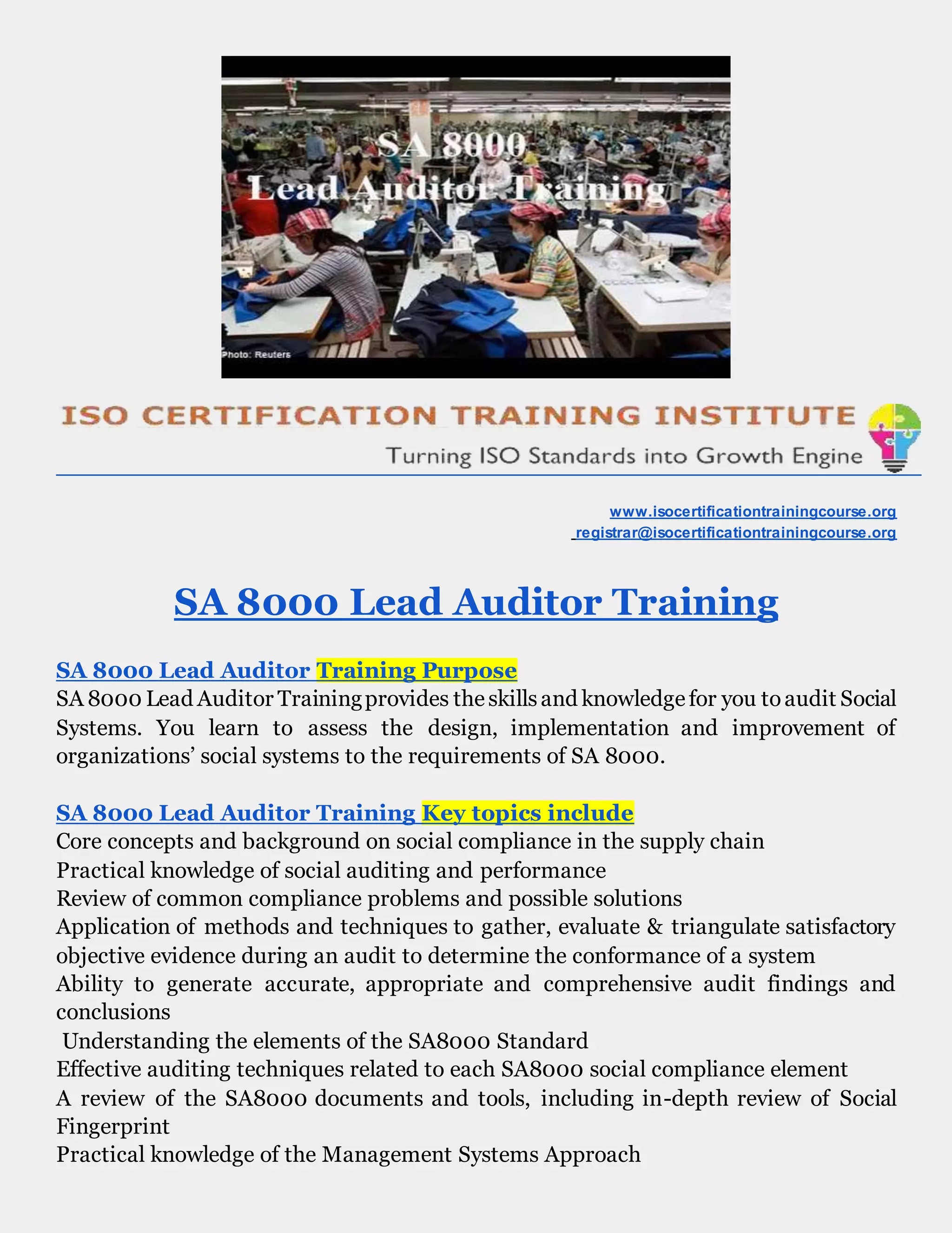 SA 8000 | SA 8000 LEAD AUDITOR TRAINING | DOCX