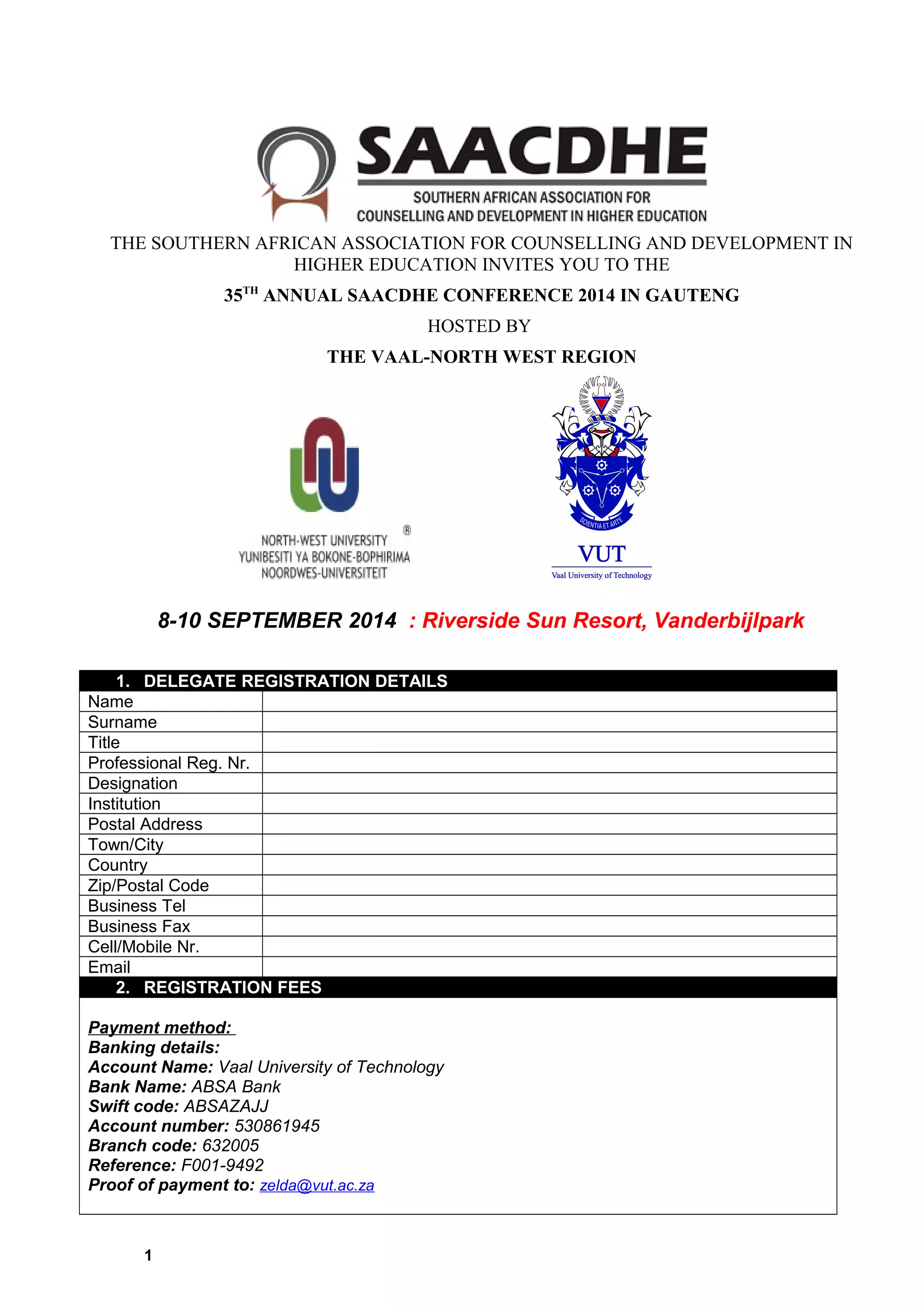 SAACDHE 2014 Conference Registration form | DOC