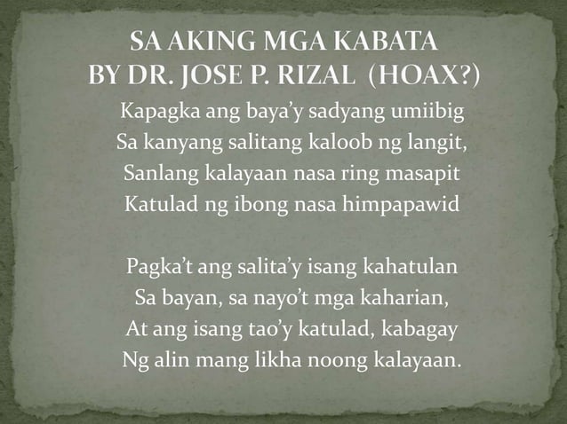 The Controversy of "Sa Aking Mga Kabata" by Jose P. Rizal