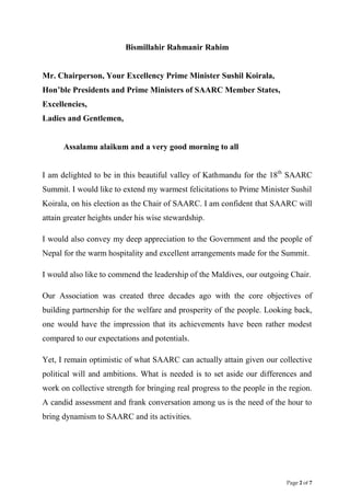 18th SAARC summit full Speech By PM Sheikh Hasina | PDF