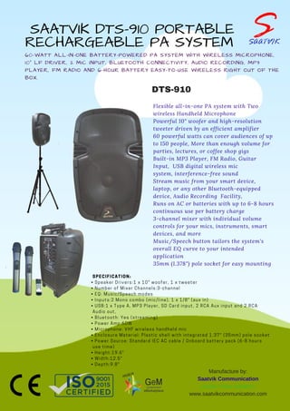 Saatvik DTS 910 Portable Rechargeable PA System with Microphones | PDF