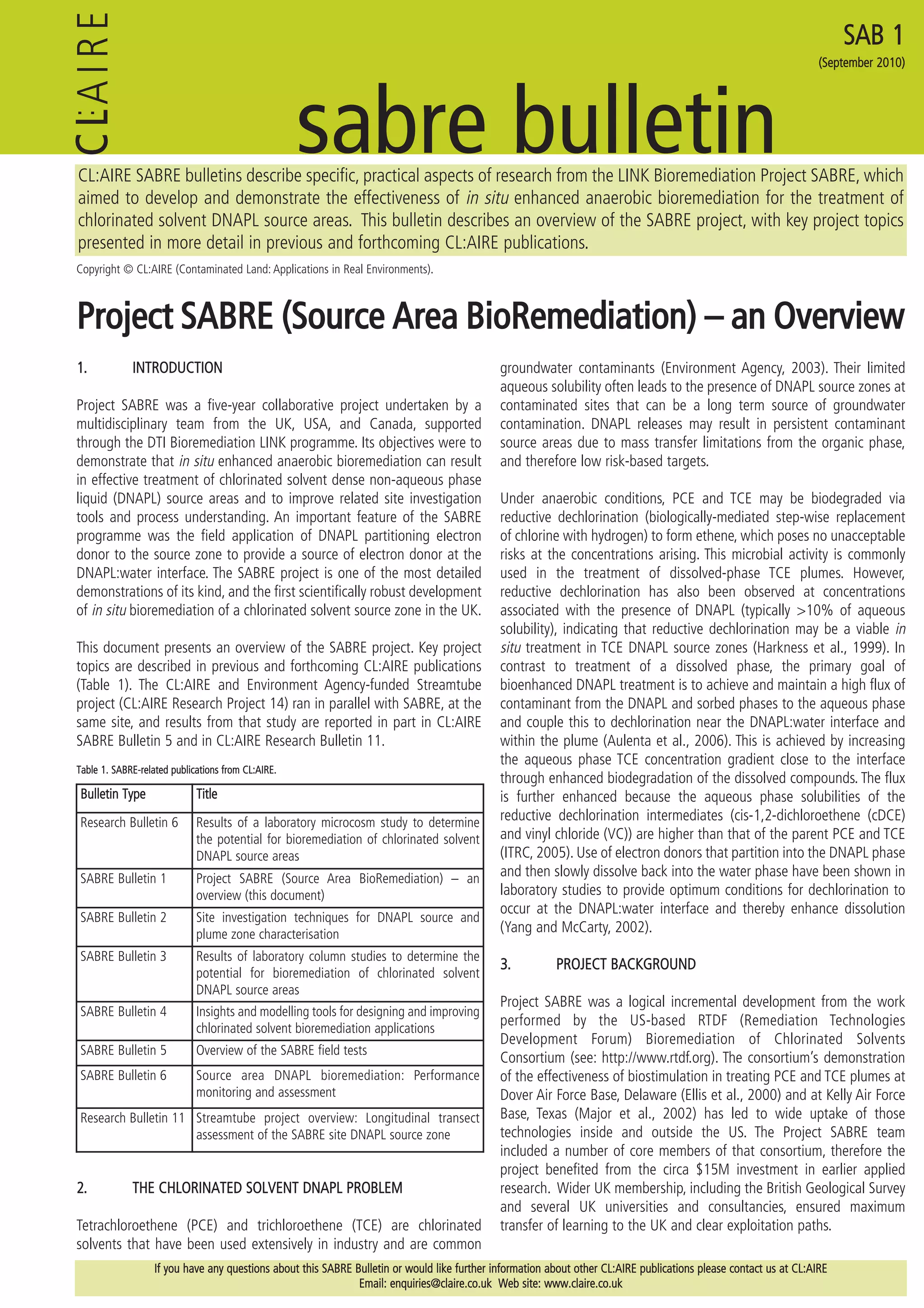 Project SABRE (Source Area BioRemediation) – an Overview | PDF