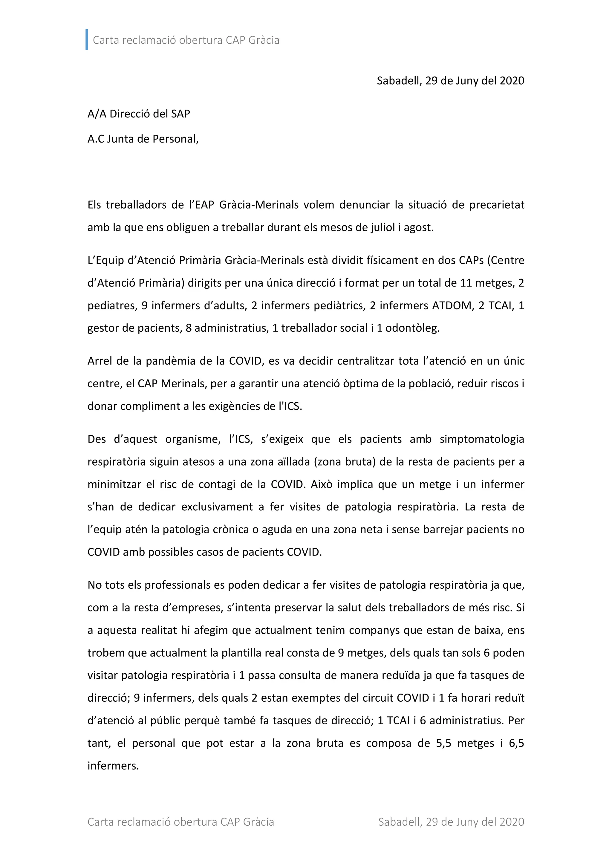 Carta dels treballadors del CAP Gràcia | PDF