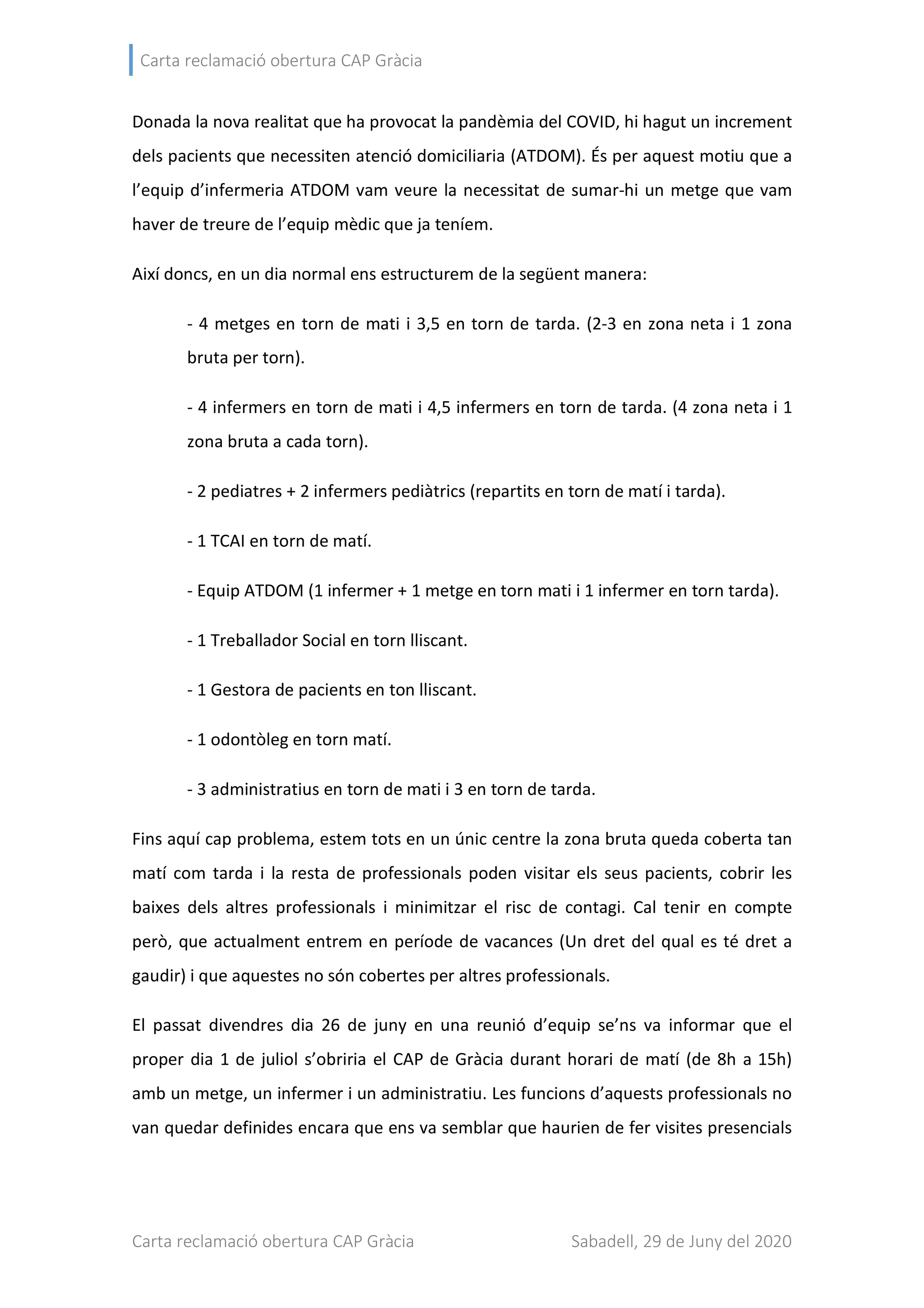 Carta dels treballadors del CAP Gràcia | PDF