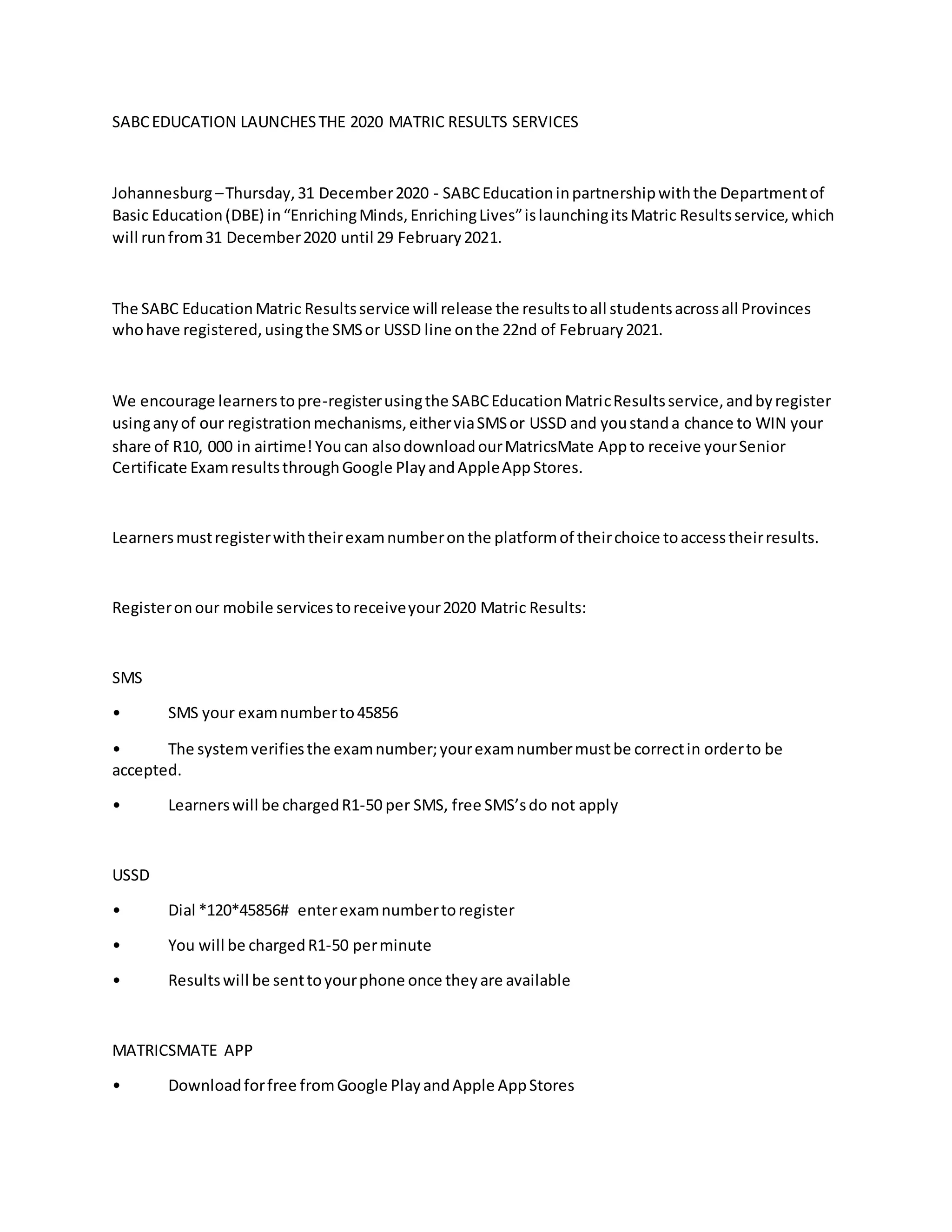 Sabc education launches the 2020 matric results services | DOCX
