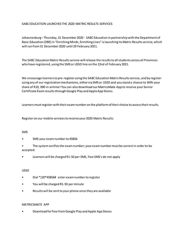 Sabc education launches the 2020 matric results services | PDF