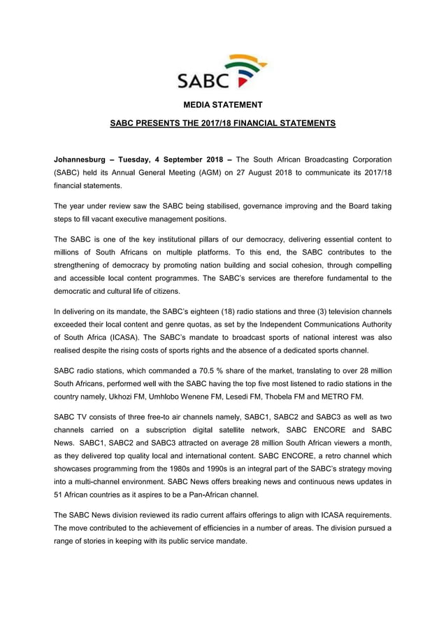 SABC media statement | PDF | Television | Entertainment
