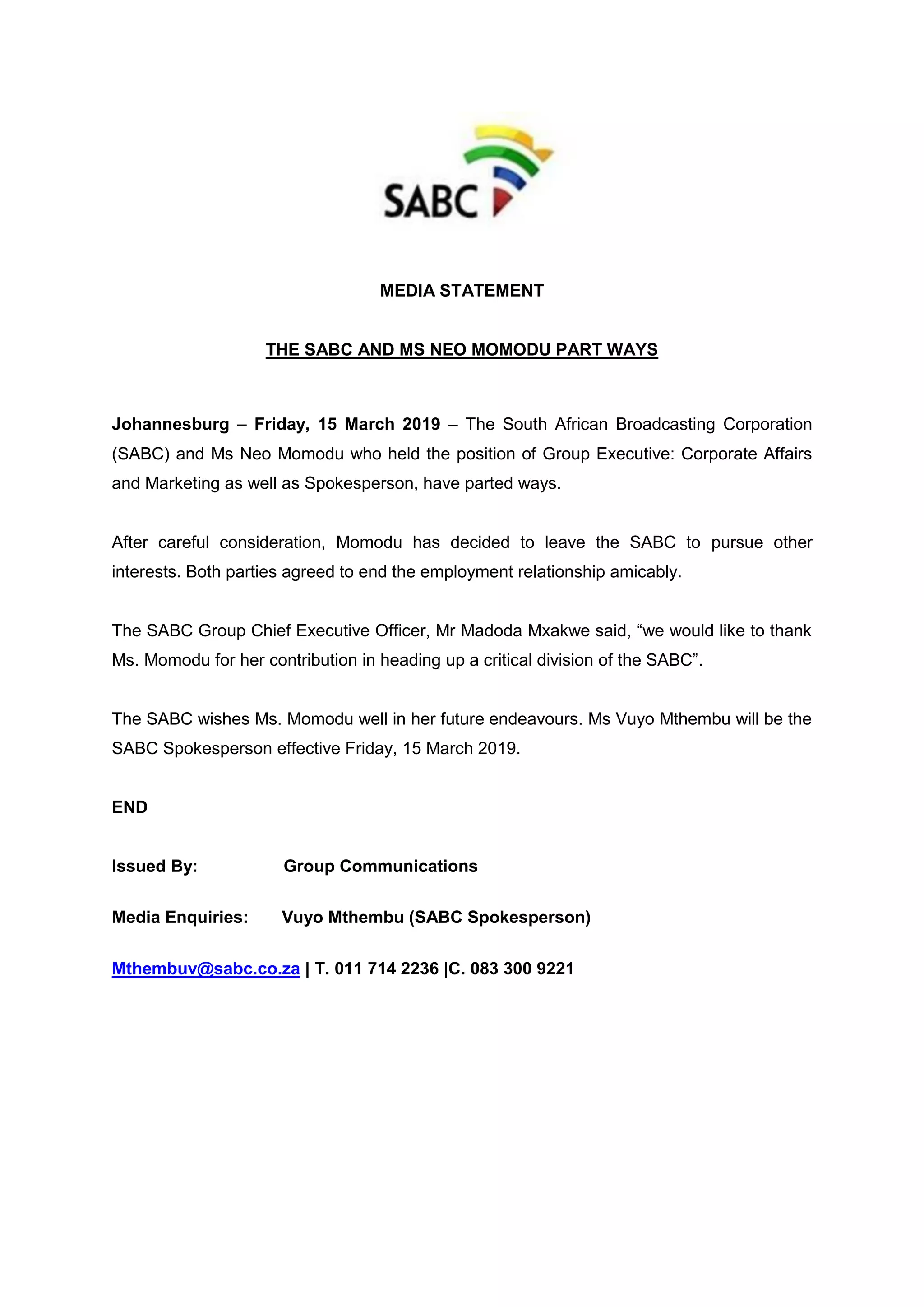 Sabc media statement on Neo Momodu | PDF