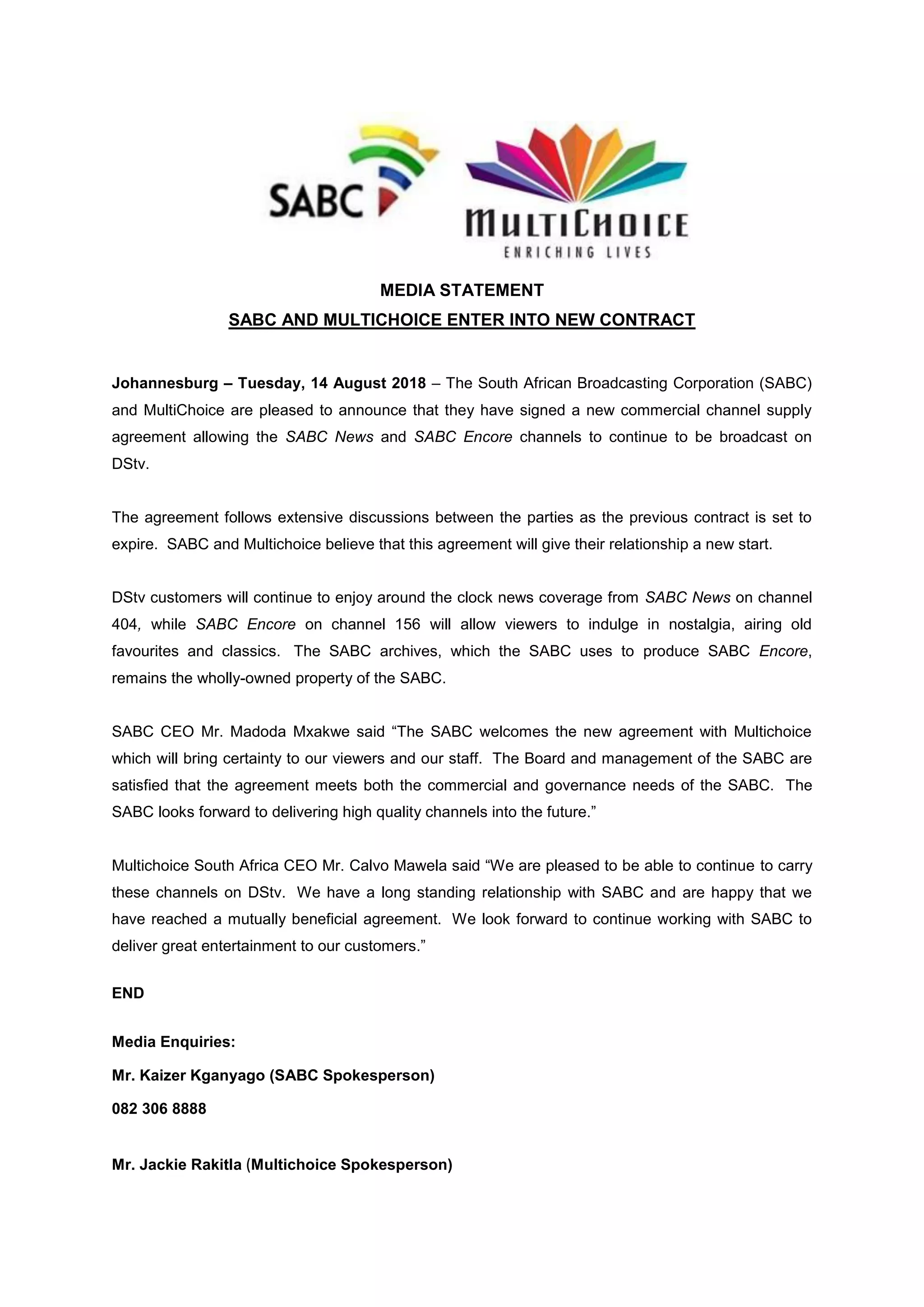 SABC-Multichoice - Media statement | PDF