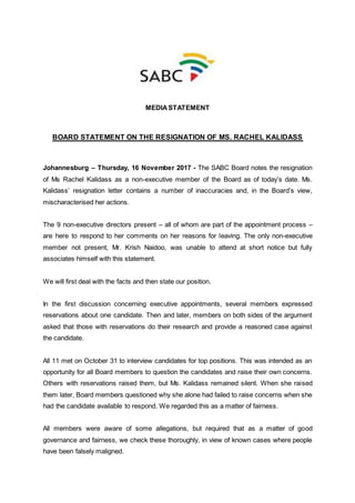BOARD STATEMENT ON THE RESIGNATION OF MS. RACHEL KALIDASS | PDF