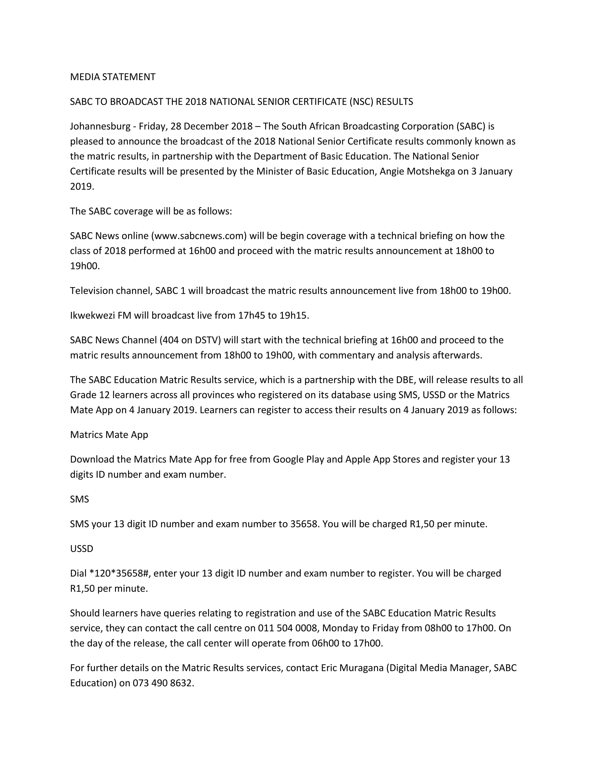 SABC TO BROADCAST THE 2018 NATIONAL SENIOR CERTIFICATE (NSC) RESULTS | PDF