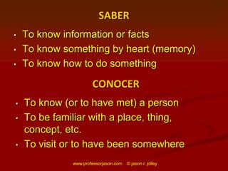 Differences Between the Spanish Verbs Saber and Conocer | PPT