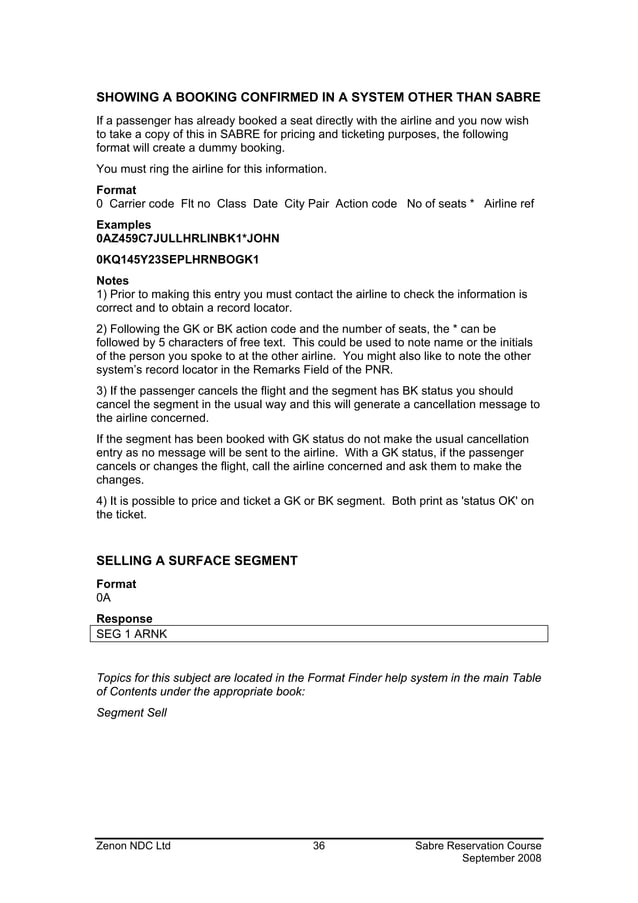 Sabre reservation manual | PDF