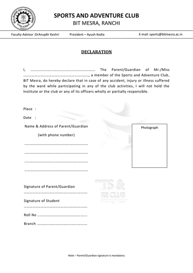 Sports and Adventure club BIT Mesra declaration form | DOCX