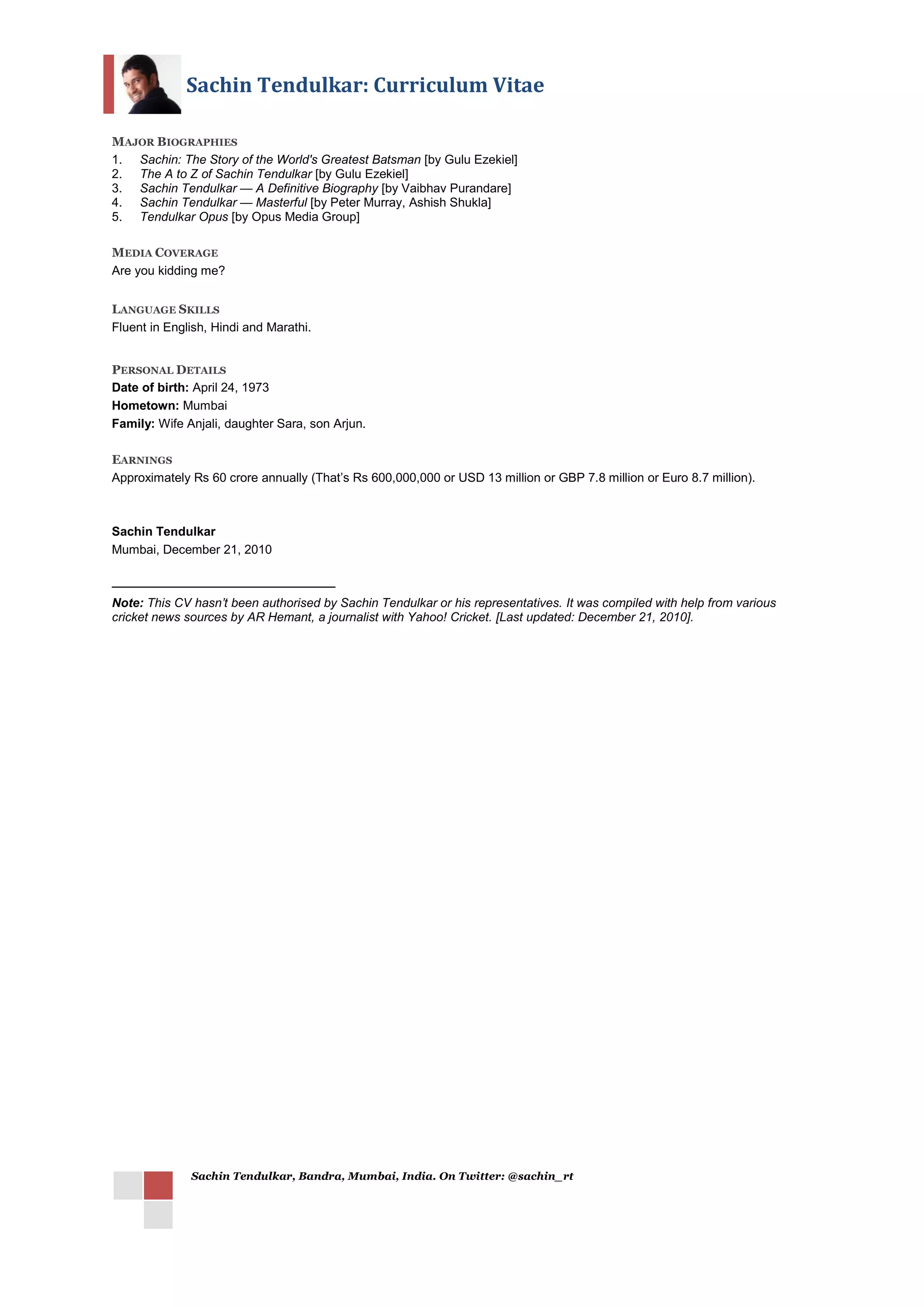 Sachin Tendulkar Resume | PDF
