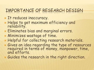 WHAT IS RESEARCH DESIGN ? EXPLAIN IMPORTANCE OF RESEARCH DESIGN | PPTX