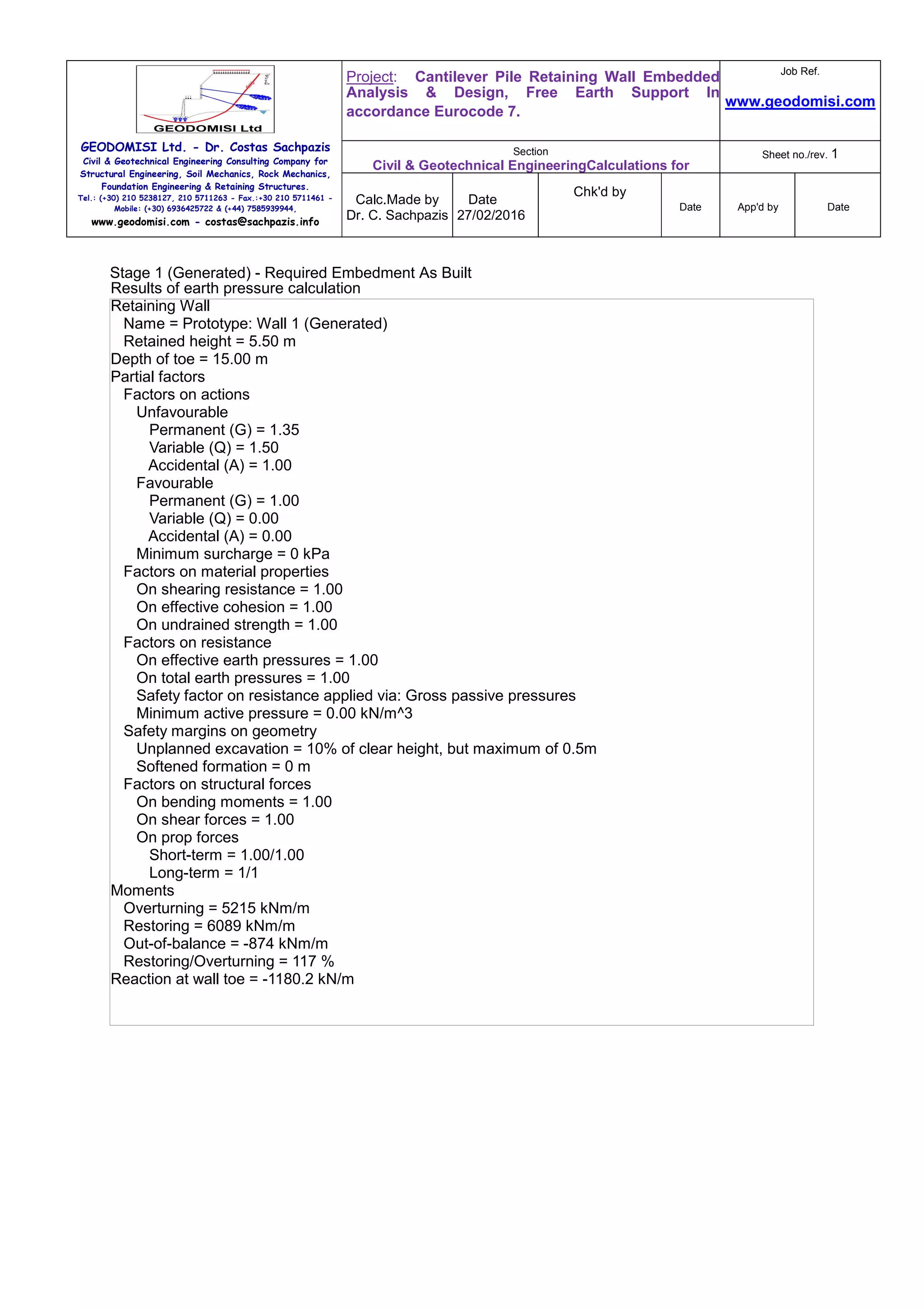Sachpazis Cantilever Pile Retaining Wall Embedded, In accordance ...